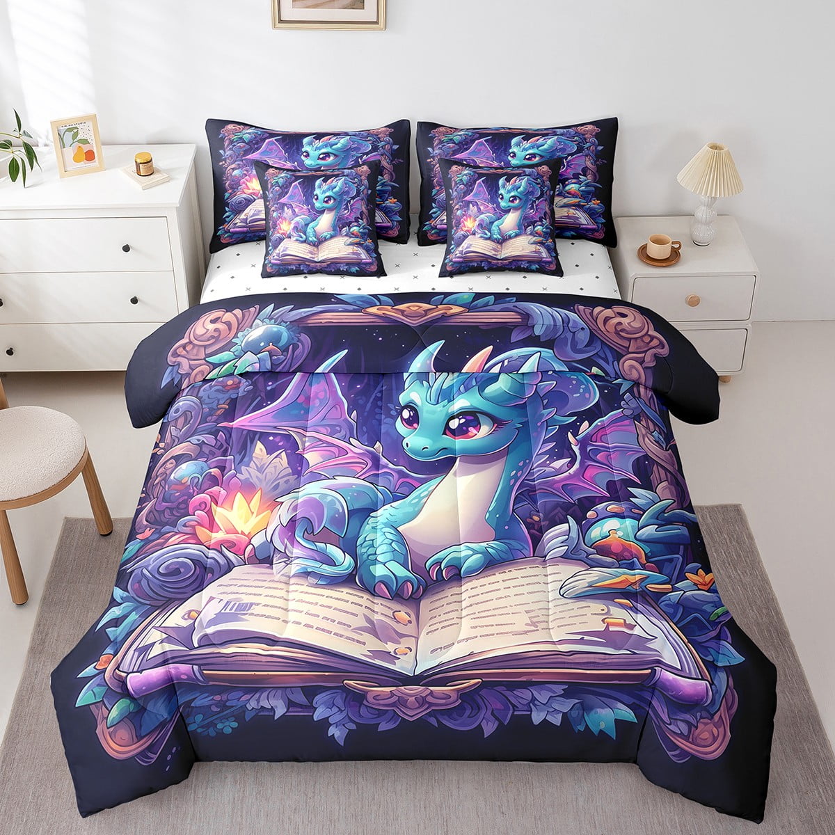 Cartoon Dragon Queen Size Comforter Set 7pcs Cute Magic Book Toddler ...