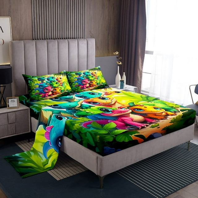 Cartoon Dragons Bed Sheets Set Queen Size for Kids, Boys Girls Bedding ...