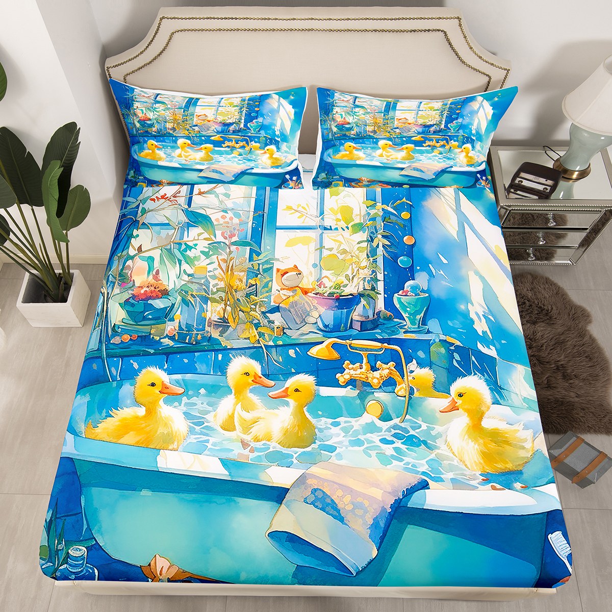 Cartoon Duck Bedding Set Queen Size,Cute Animals Fitted Sheet 3Pcs ...