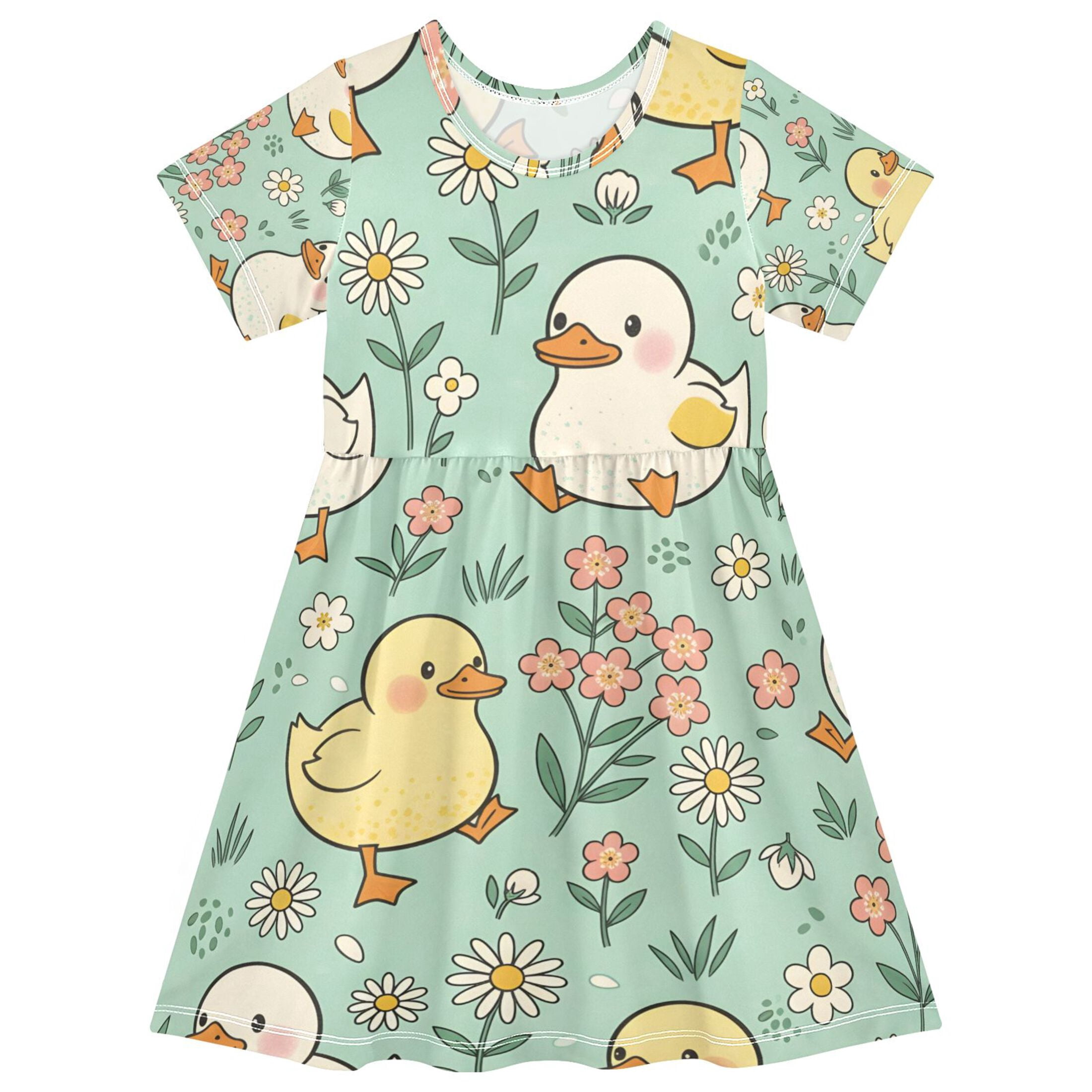 Cartoon Duck Design Girls Short Sleeve Dress A Line Sun Protection ...