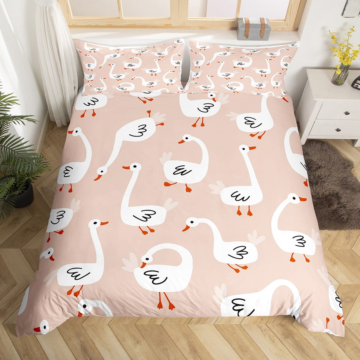 Cartoon Duck Duvet Cover for Kids Child,Hand Drawn White Goose Bedding ...