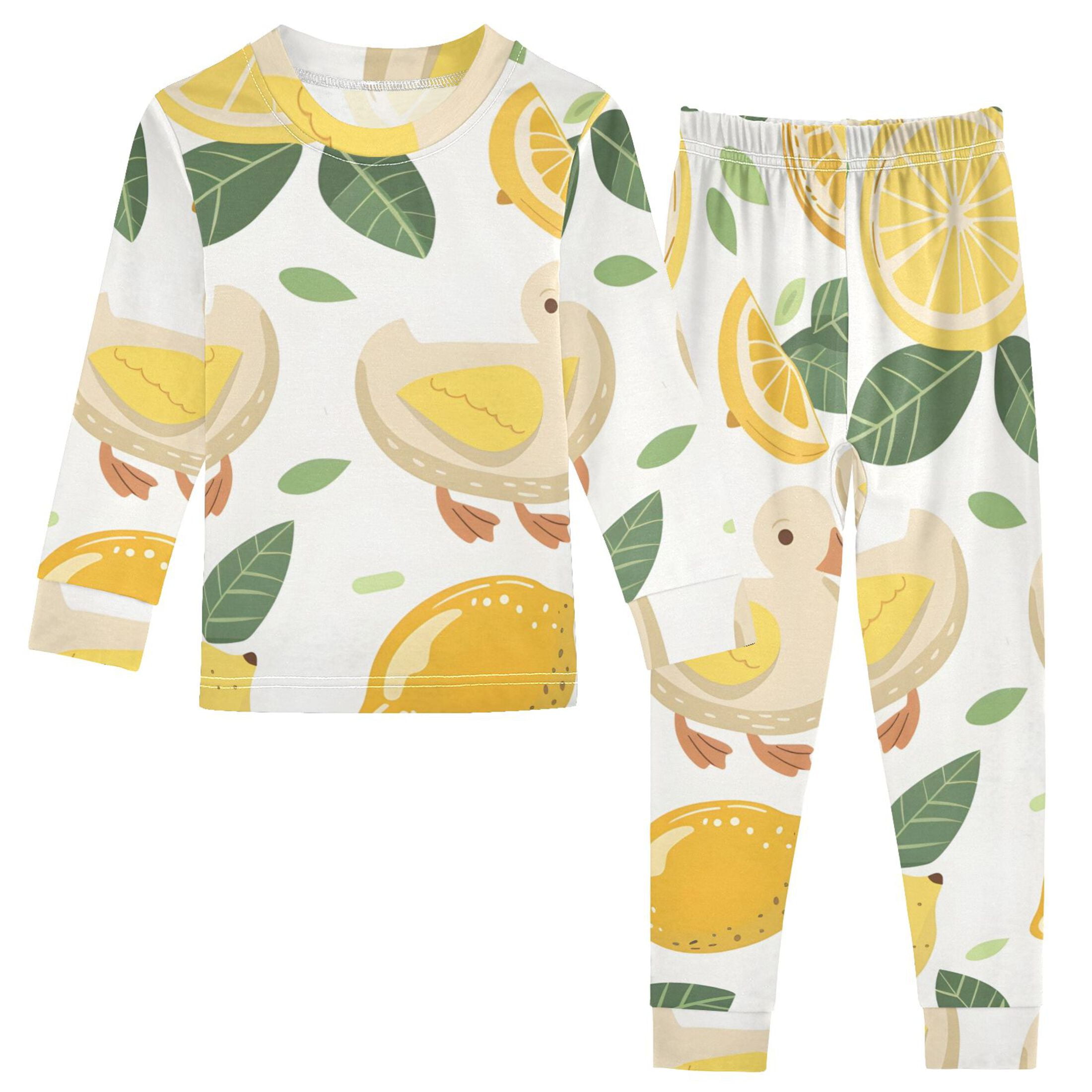 Cartoon Duck Lemon Leaves Cotton Pajama Set Long Sleeve Top and Pants ...