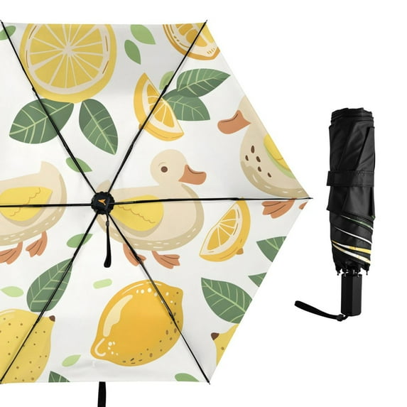 Cartoon Duck Lemon Leaves Triple Folding Umbrella Parasol 6 Ribs UV ...