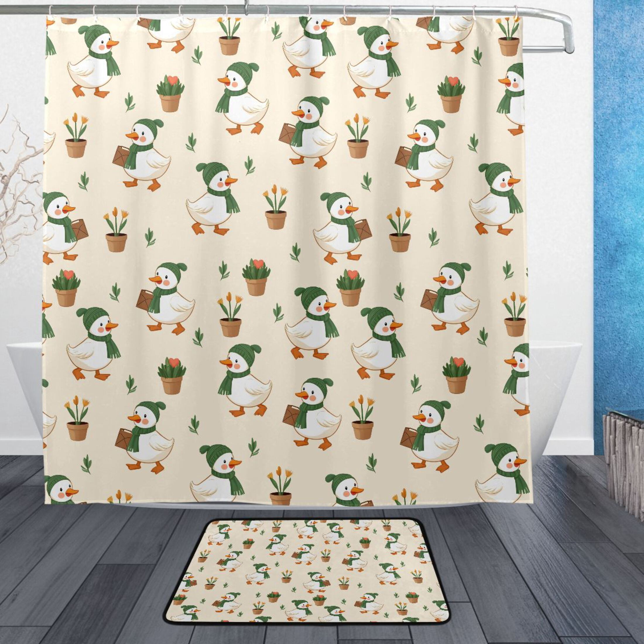 Cartoon Duck Pattern Bathroom Accessory Sets Waterproof Shower Curtain ...