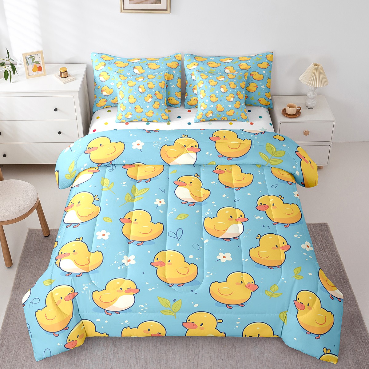 Cartoon Duck Printed 7 Pieces Bedding Set,Yellow Duck Printed Comforter ...