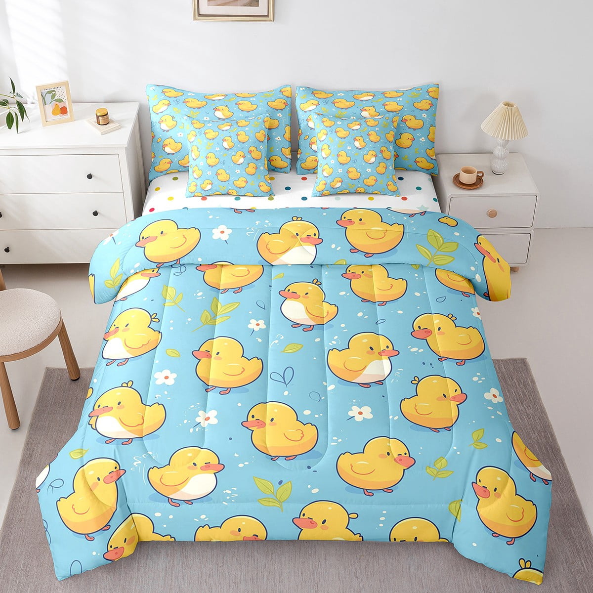 Cartoon Duck Printed 7 Pieces Bedding Set,Yellow Duck Printed Comforter ...