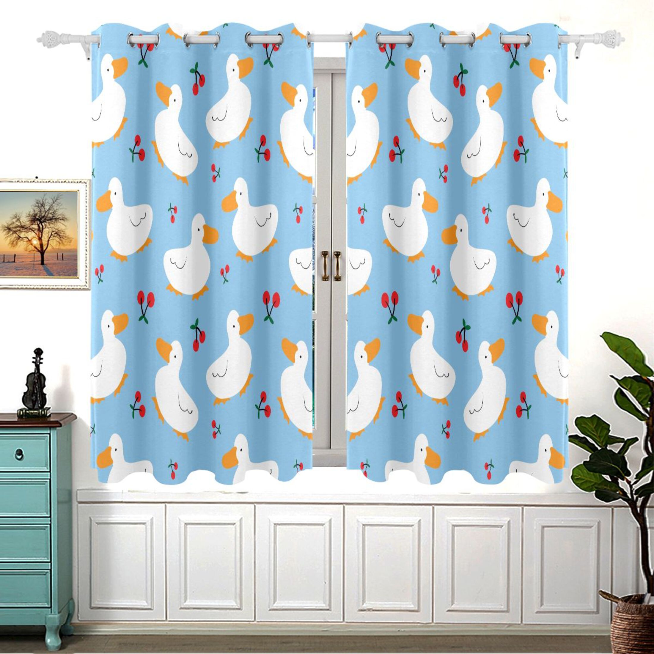 Cartoon Duck and Cherry on Blue Blackout Curtains Window Grommet ...