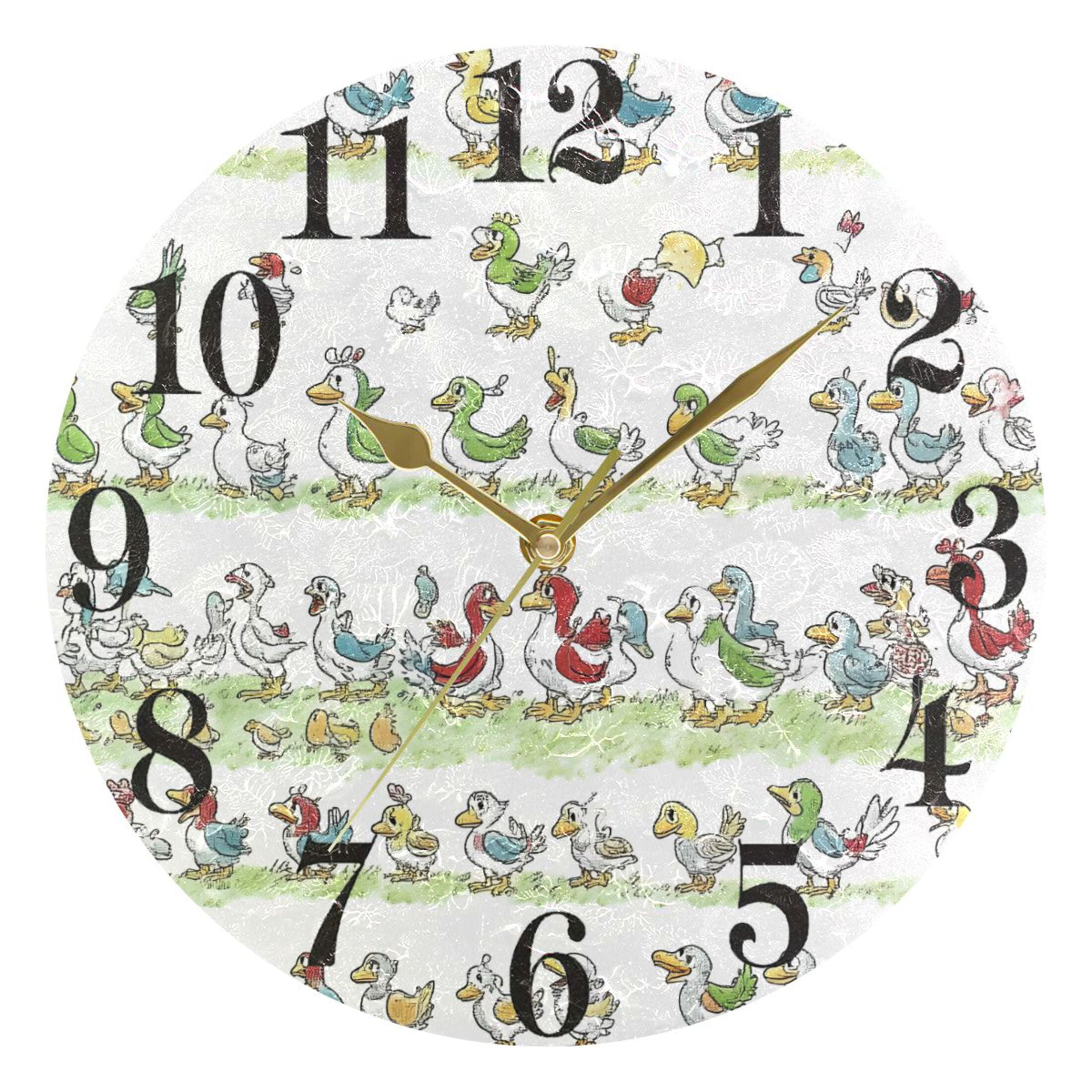 Cartoon Ducks Line Round Wall Clock Battery Operated Silent Non-Ticking ...