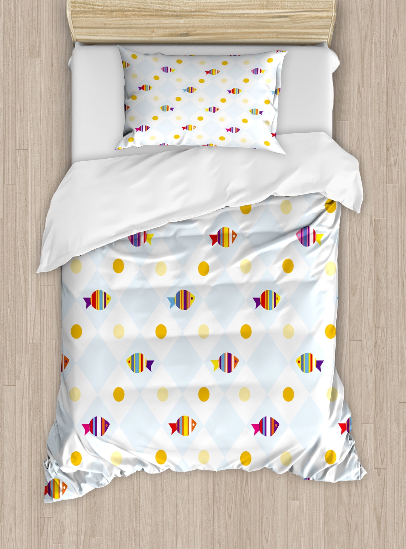 Cartoon Duvet Cover Set, Aquarium Themed Fish Cartoons with Spots and ...