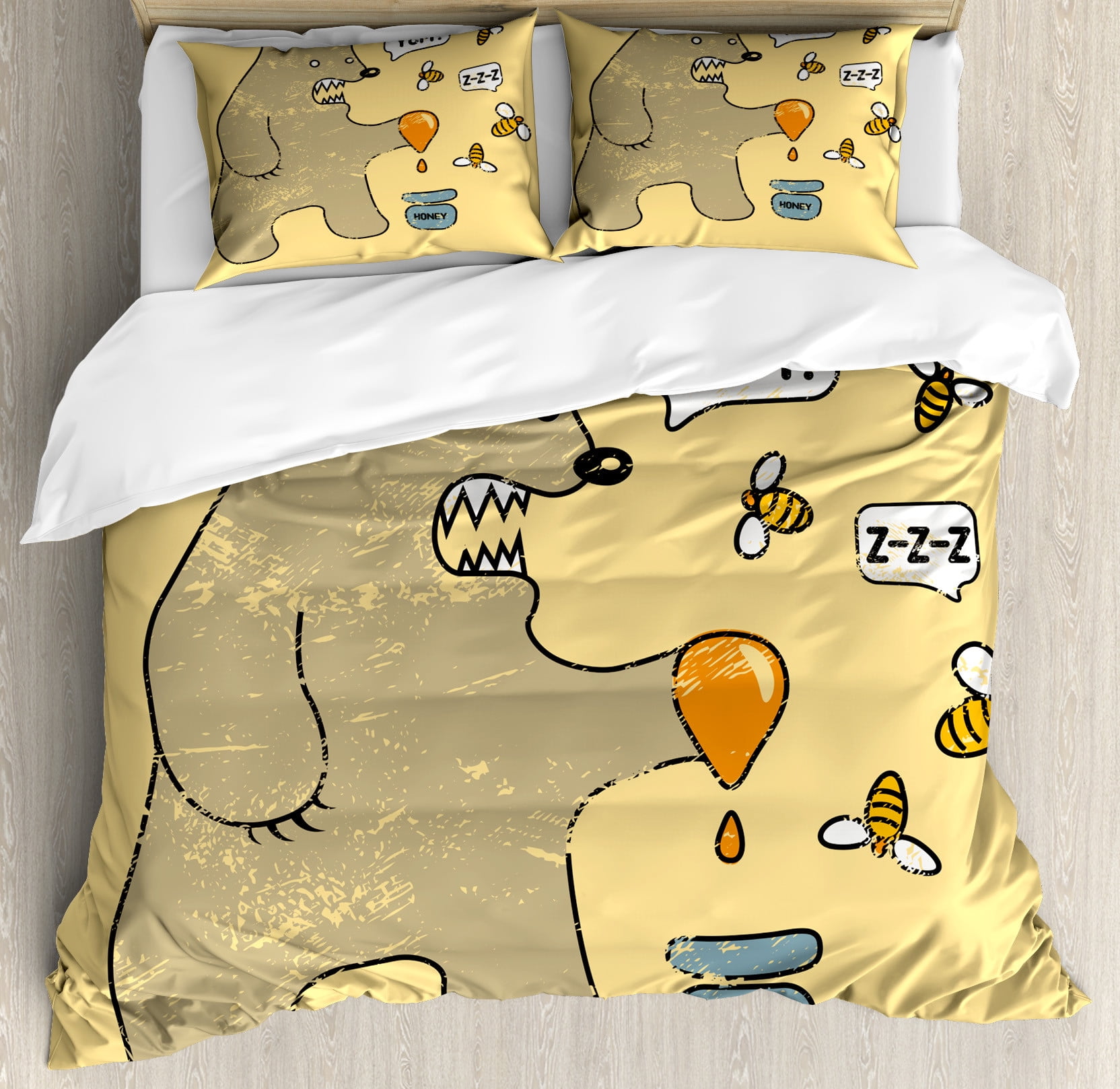 Cartoon Duvet Cover Set, Caricature Style Bear Bees and Honey Saying ...