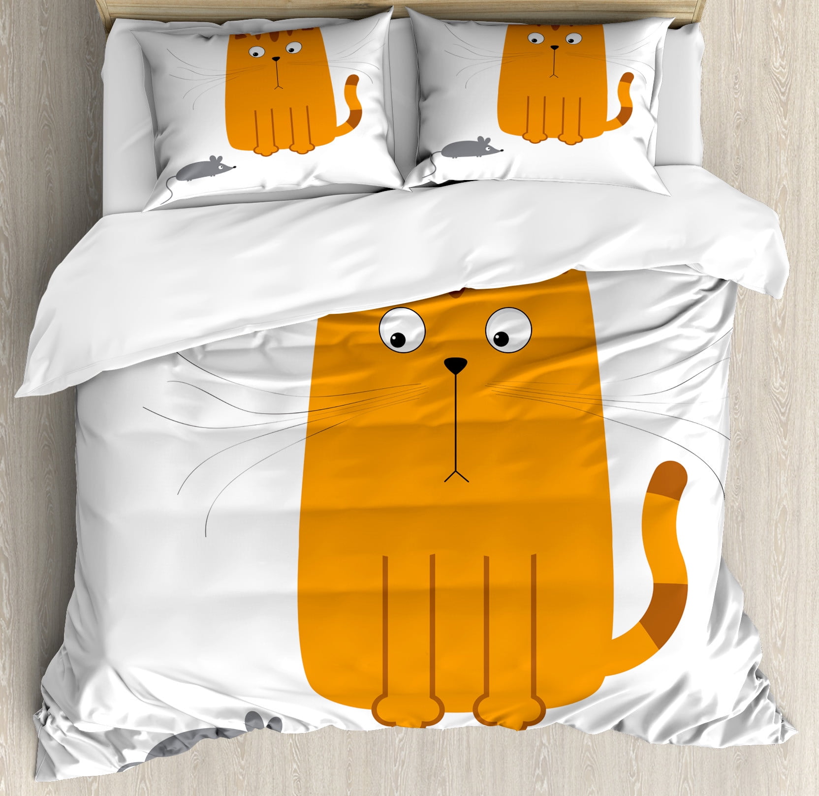Cartoon Duvet Cover Set, Cat Looking at Mouse Hunter Kitty Fun Humor ...
