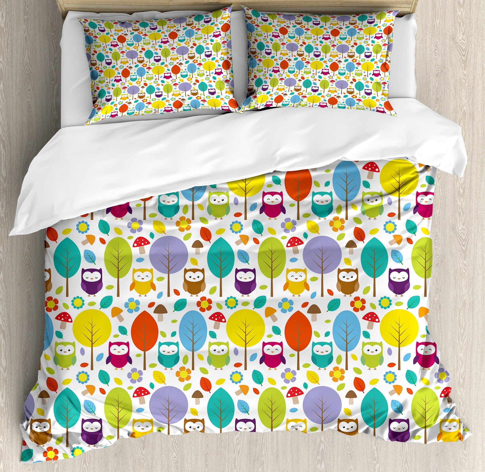 Cartoon Duvet Cover Set, Colorful Forest with Owls Trees Leafs ...