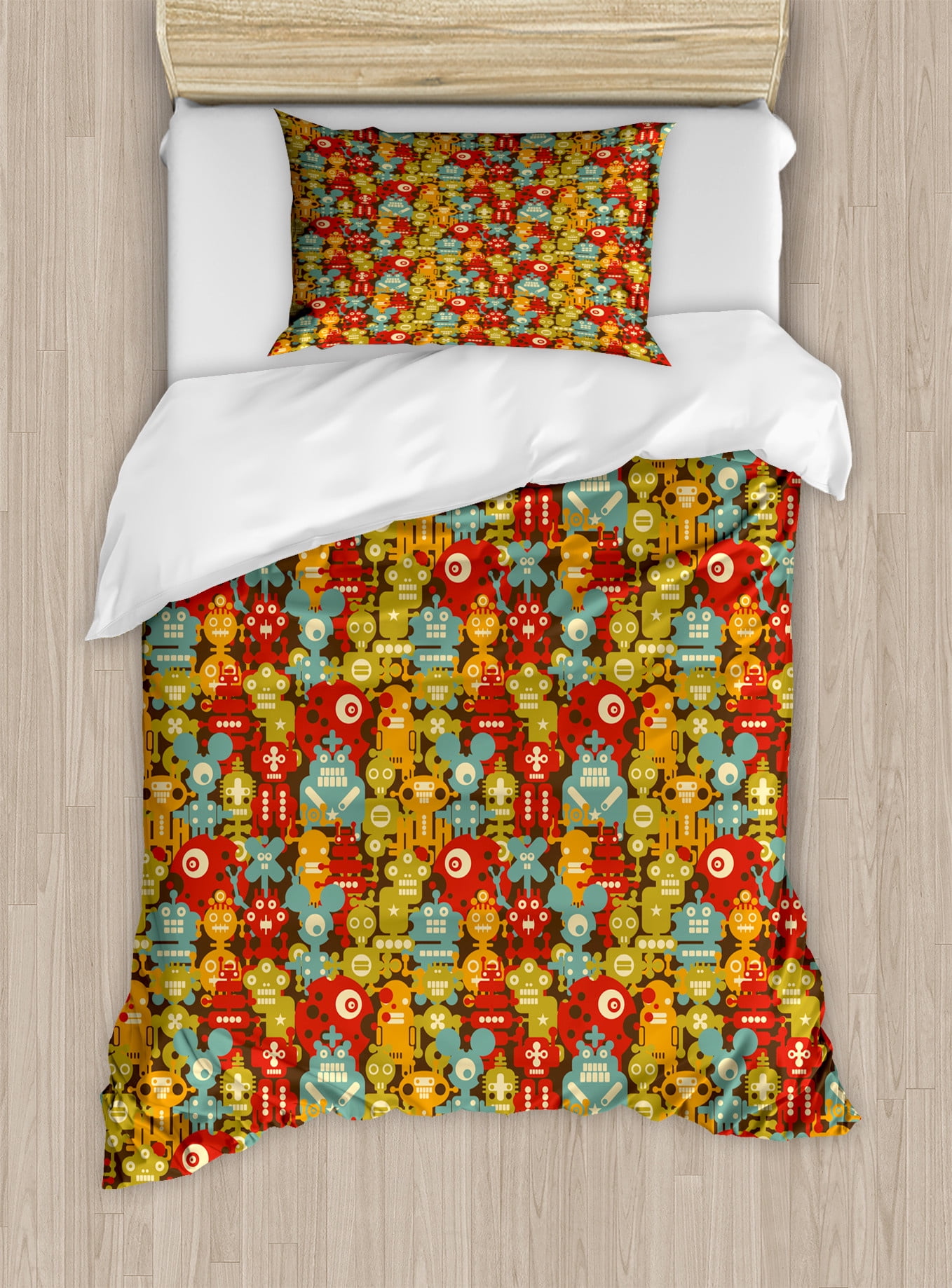 Cartoon Duvet Cover Set, Colorful Robot Monsters Sci Fi Style Retro ...