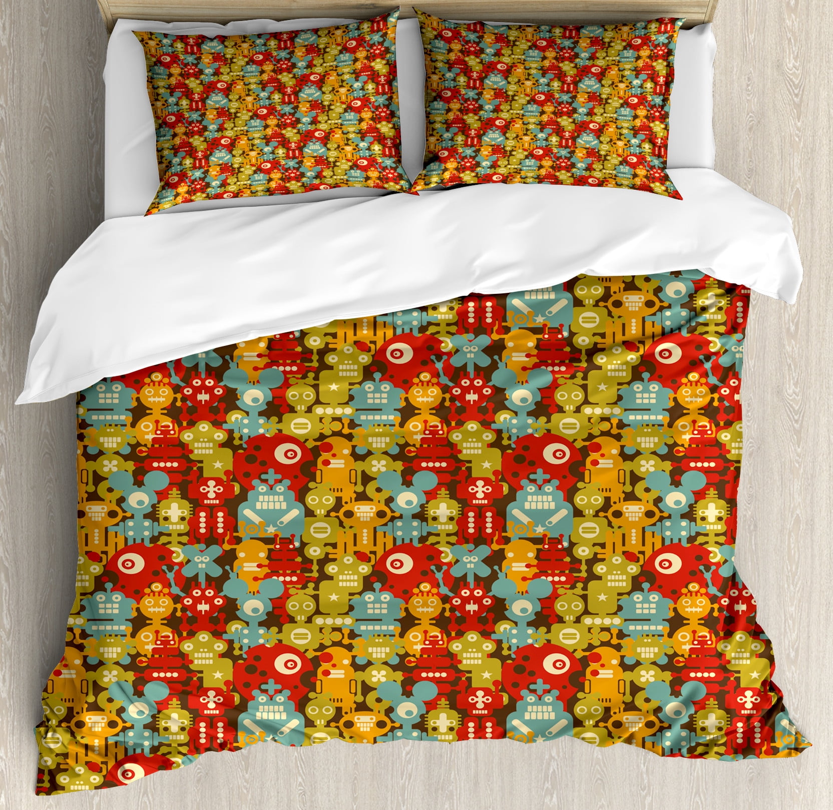 Cartoon Duvet Cover Set, Colorful Robot Monsters Sci Fi Style Retro ...