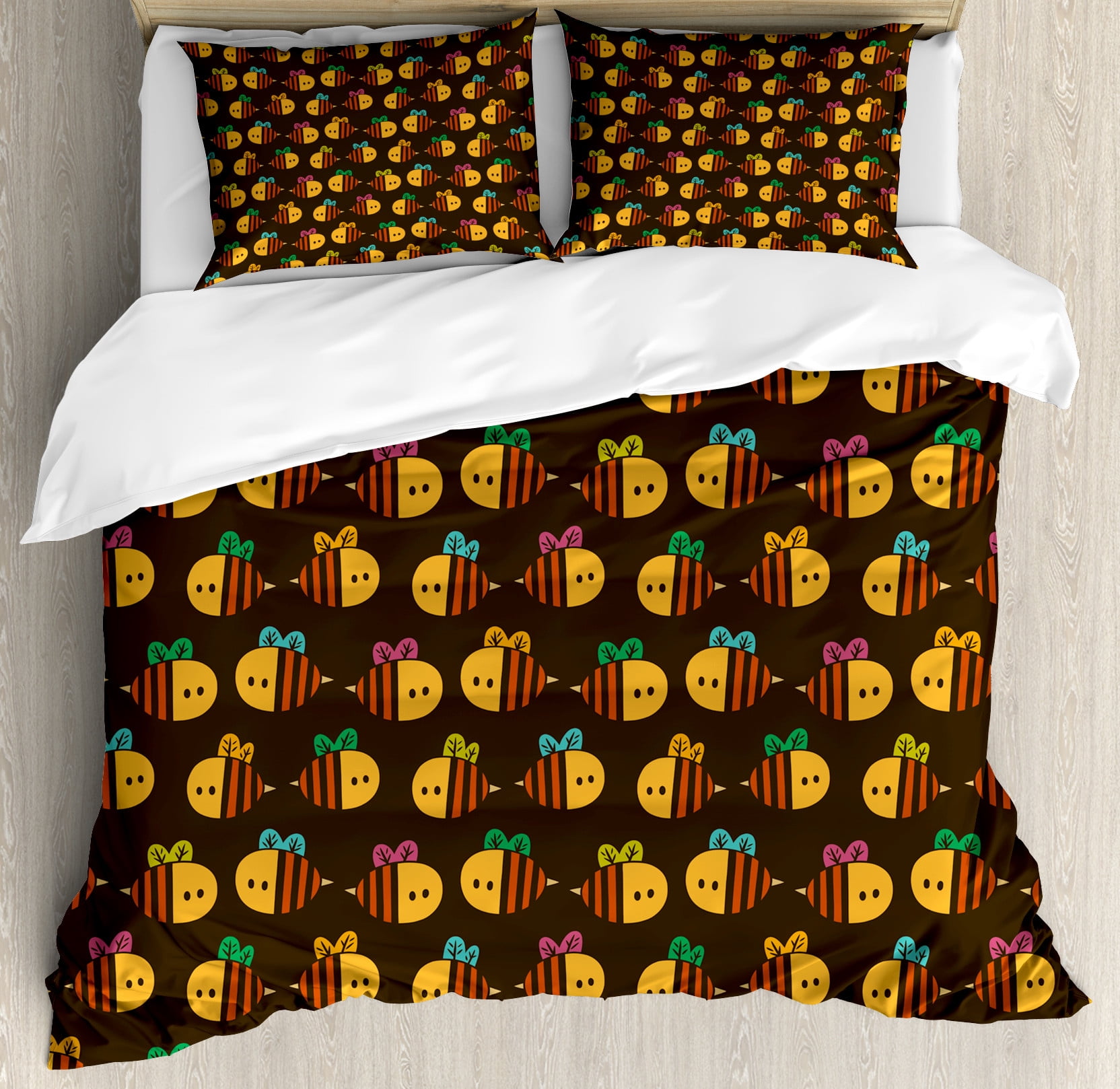 Cartoon Duvet Cover Set, Continuous Bee Pattern Striped Design Winged ...