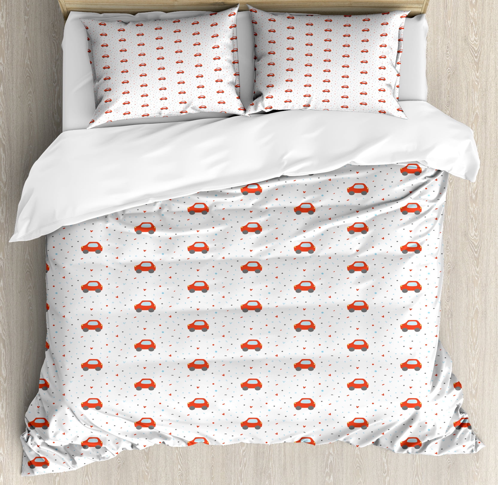 Cartoon Duvet Cover Set, Continuous Themed Pattern with Rounds Hearts and Cars, Decorative 3 ...