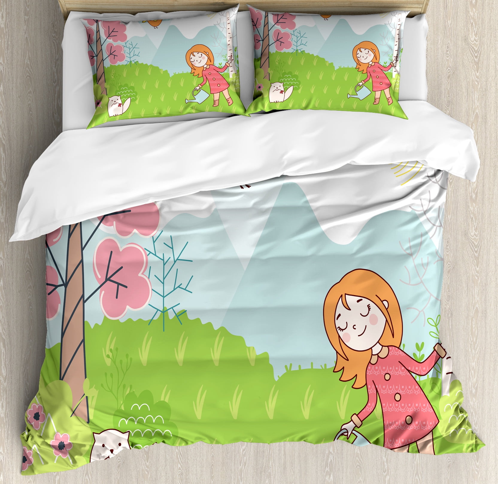 Cartoon Duvet Cover Set, Design of Little Girl in Woods Mountain and ...