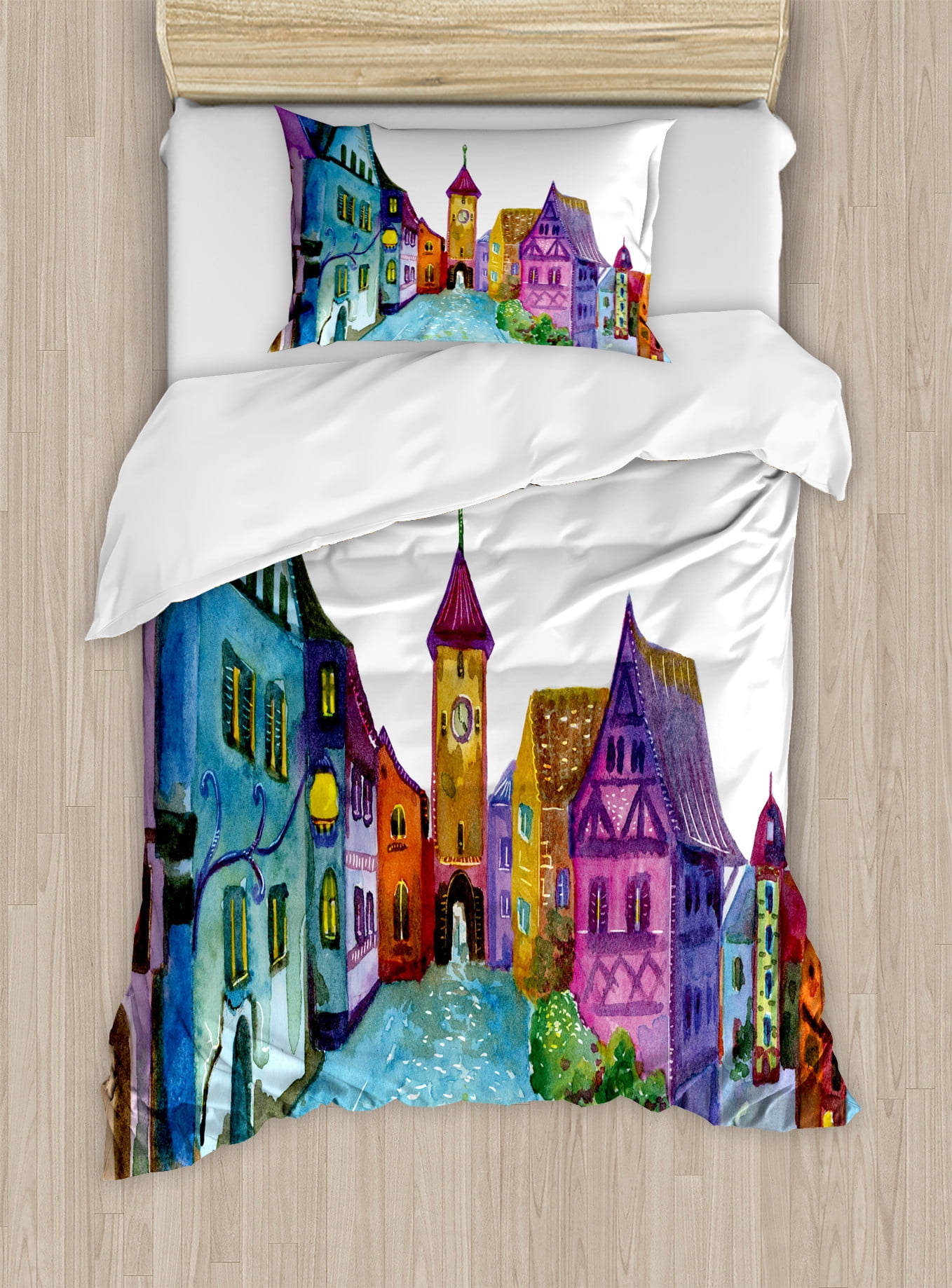 Cartoon Duvet Cover Set, European Scenery with Pastel Colors and Road ...