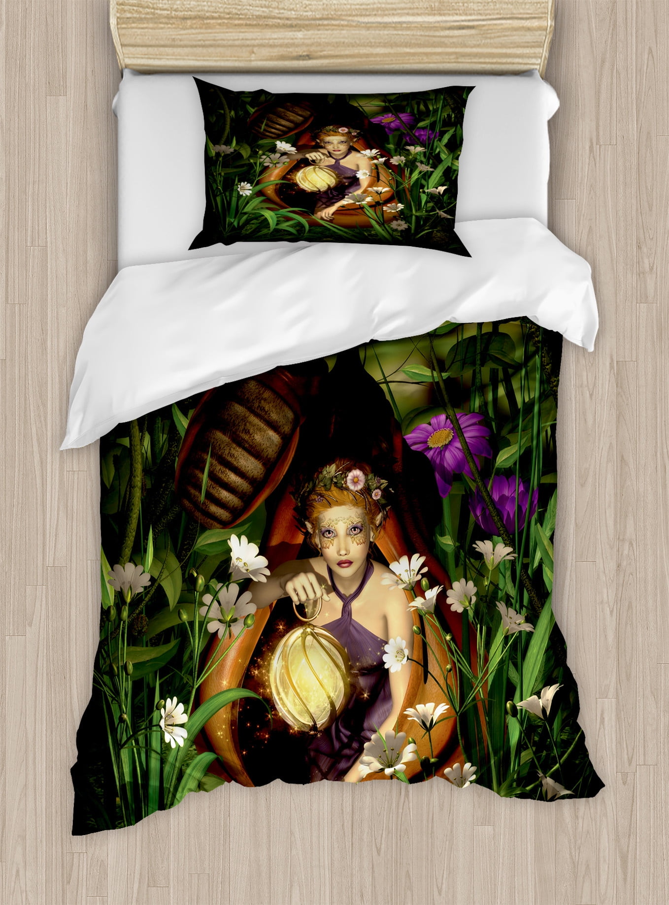 Cartoon Duvet Cover Set, Female Forest Elf Sitting in Cocoon Mysterious ...