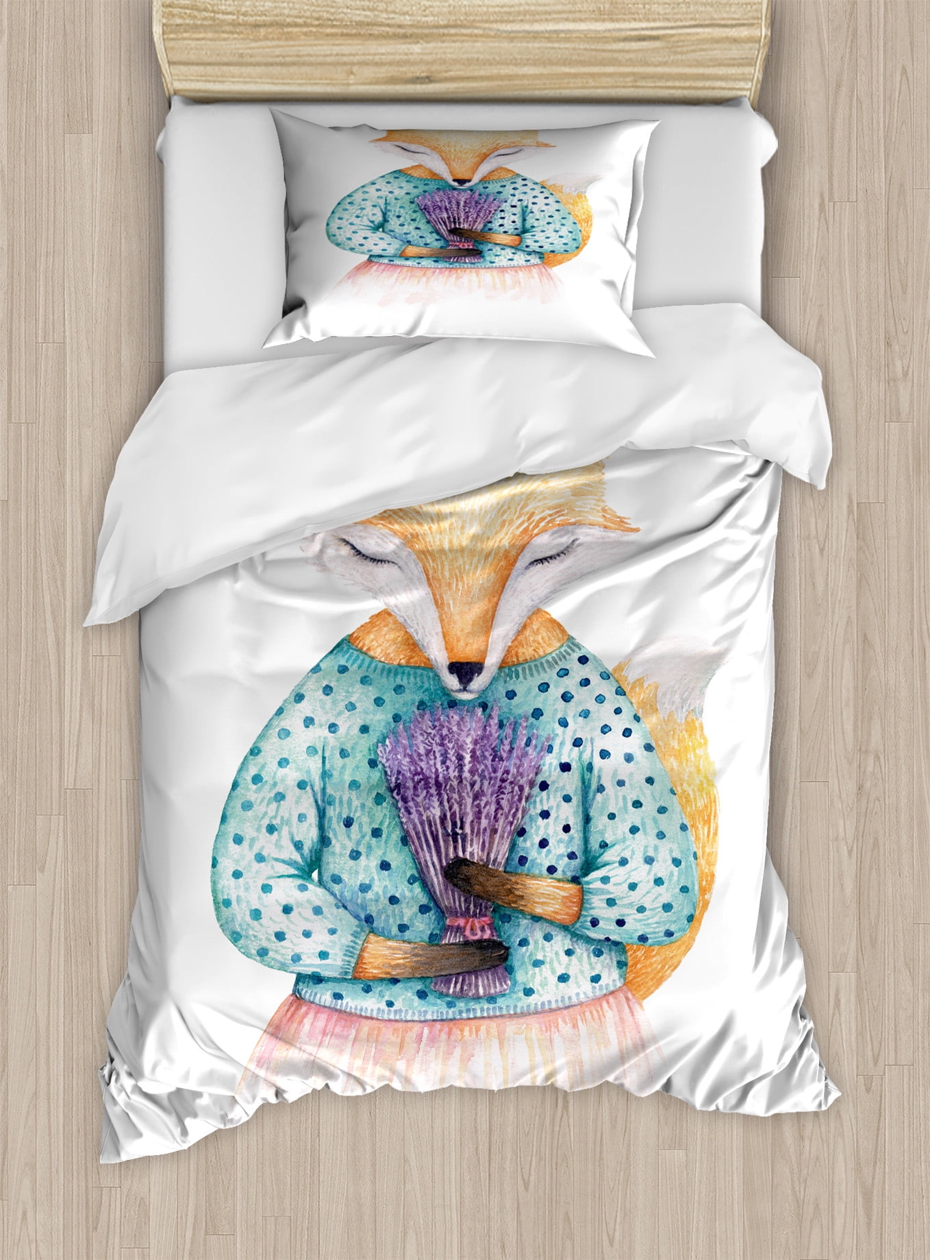Cartoon Duvet Cover Set, Fox Lavender Bouquet Scent Calming Drawing ...