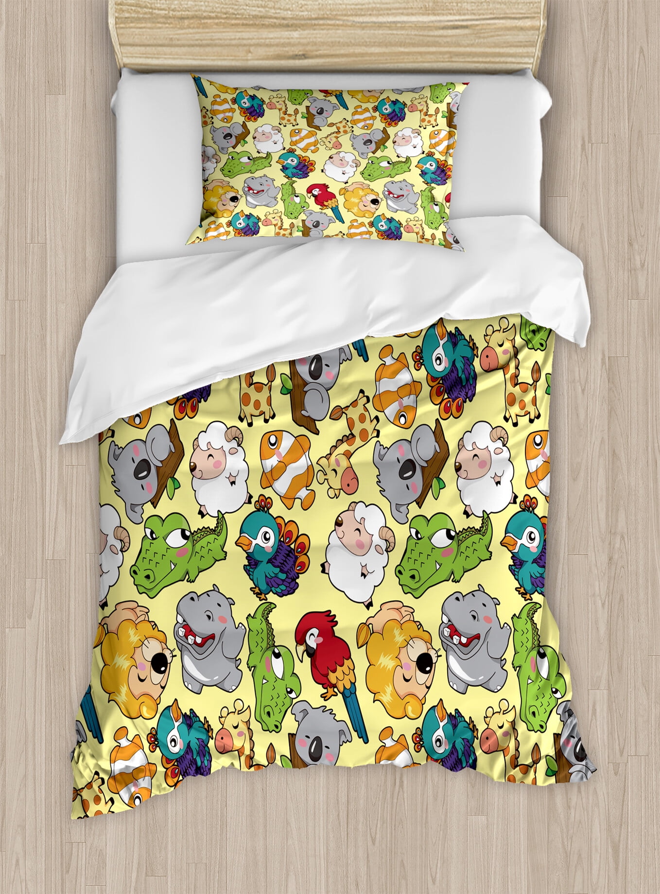 Cartoon Duvet Cover Set, Funny Animals Hippo Giraffe Koala Parrot ...