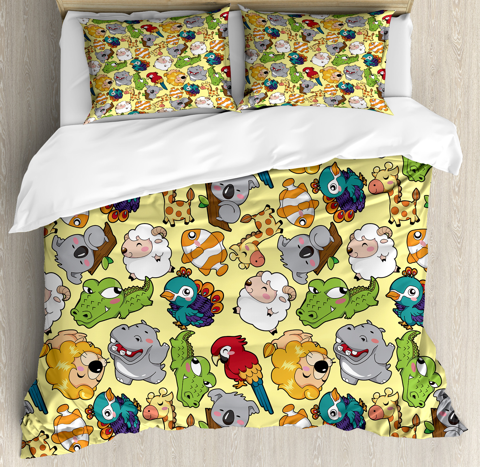 Cartoon Duvet Cover Set, Funny Animals Hippo Giraffe Koala Parrot ...