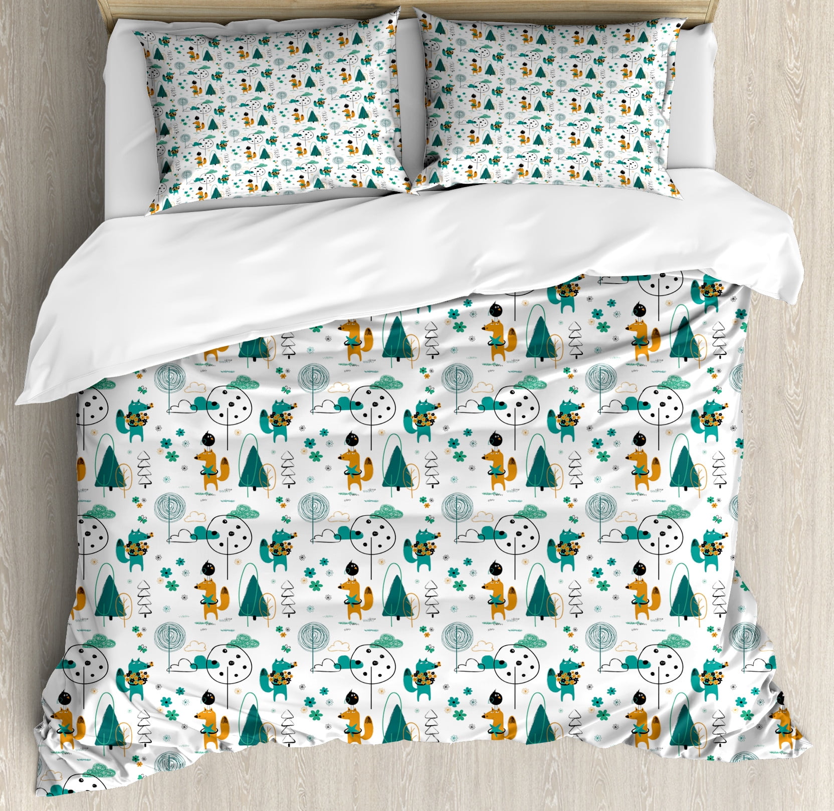 Cartoon Duvet Cover Set, Funny Fox in the Forest Trees Flowers Hugging ...