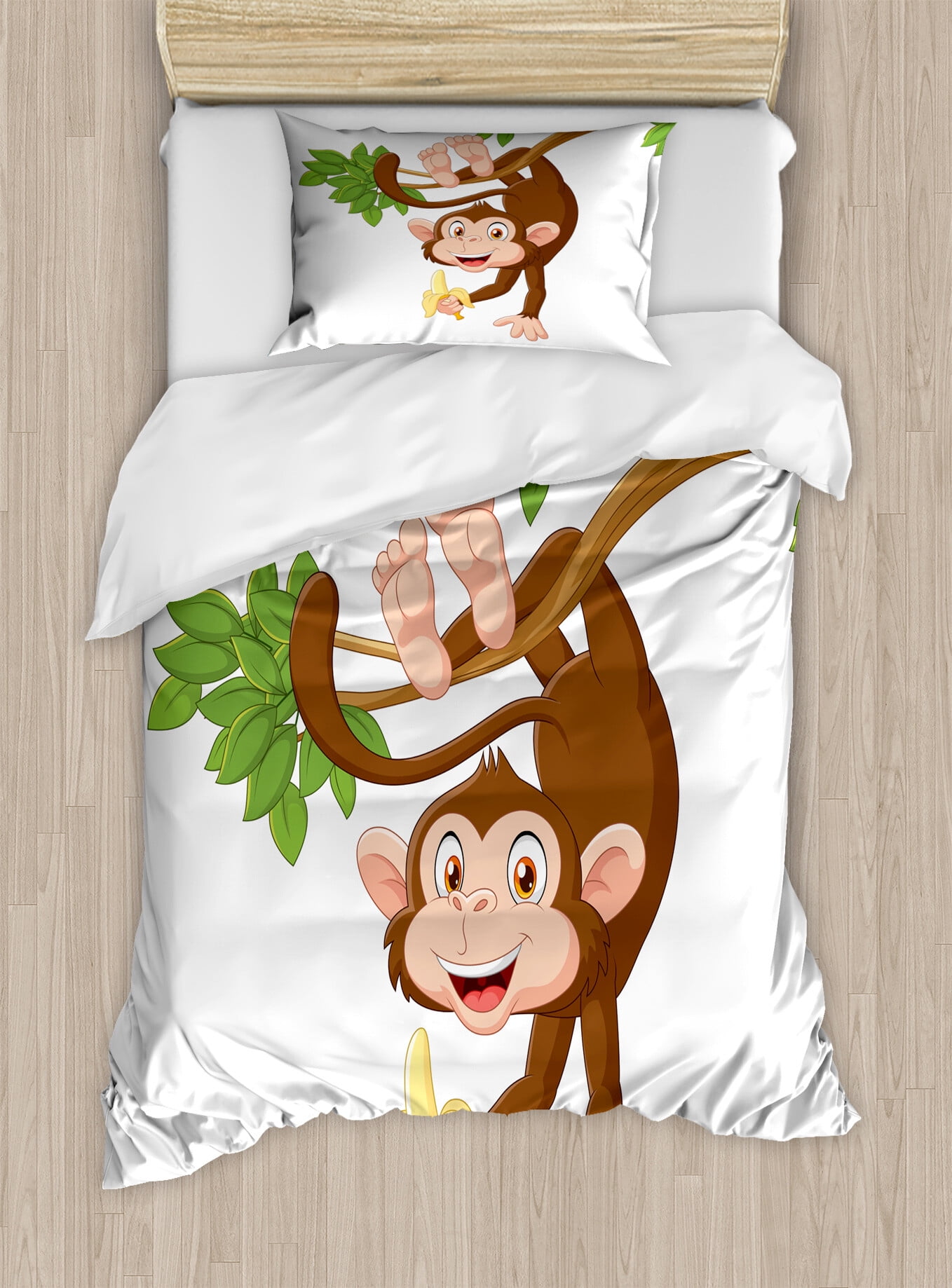 Cartoon Duvet Cover Set, Funny Monkey Hanging from Tree and Holding ...