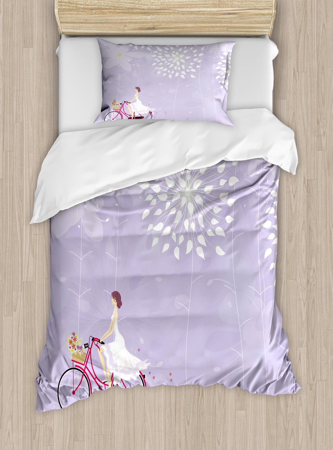 Cartoon Duvet Cover Set, Girl Riding Bike Windy Weather in the Garden with Grass Art, Decorative ...