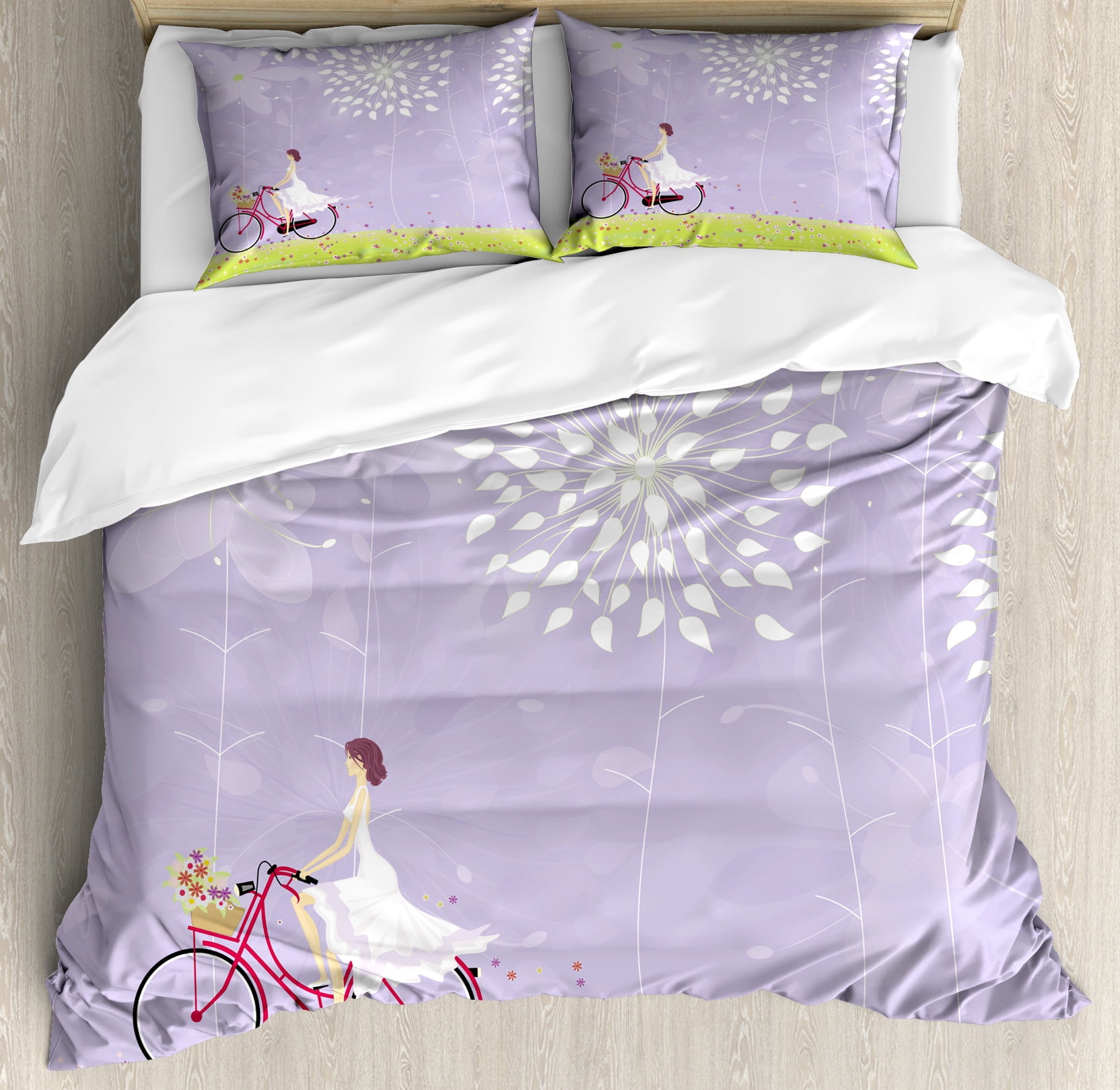 Cartoon Duvet Cover Set, Girl Riding Bike Windy Weather in the Garden with Grass Art, Decorative ...