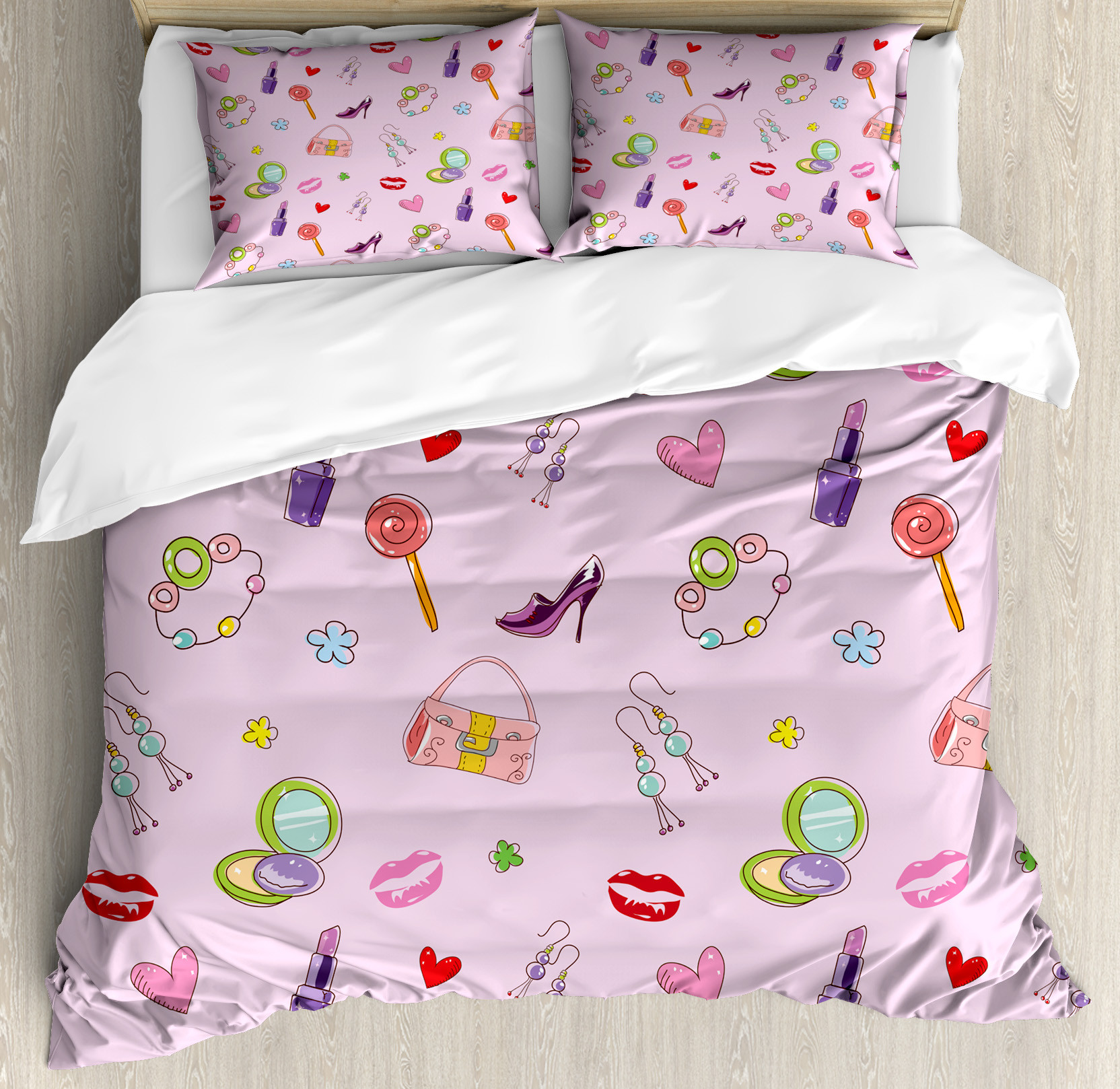 Cartoon Duvet Cover Set, Girls Illustration with Fashion Accessories ...
