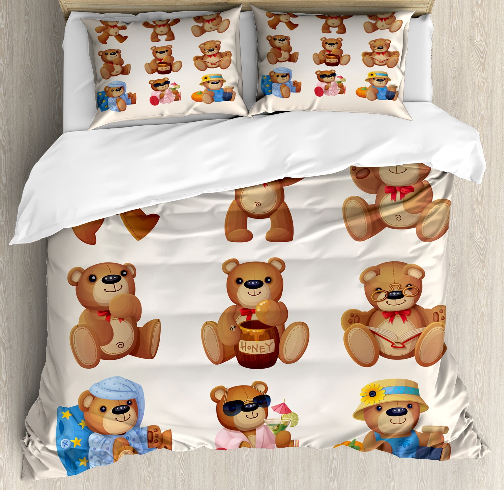 Cartoon Duvet Cover Set, Happy Teddy Bears with Funny Different Faces ...