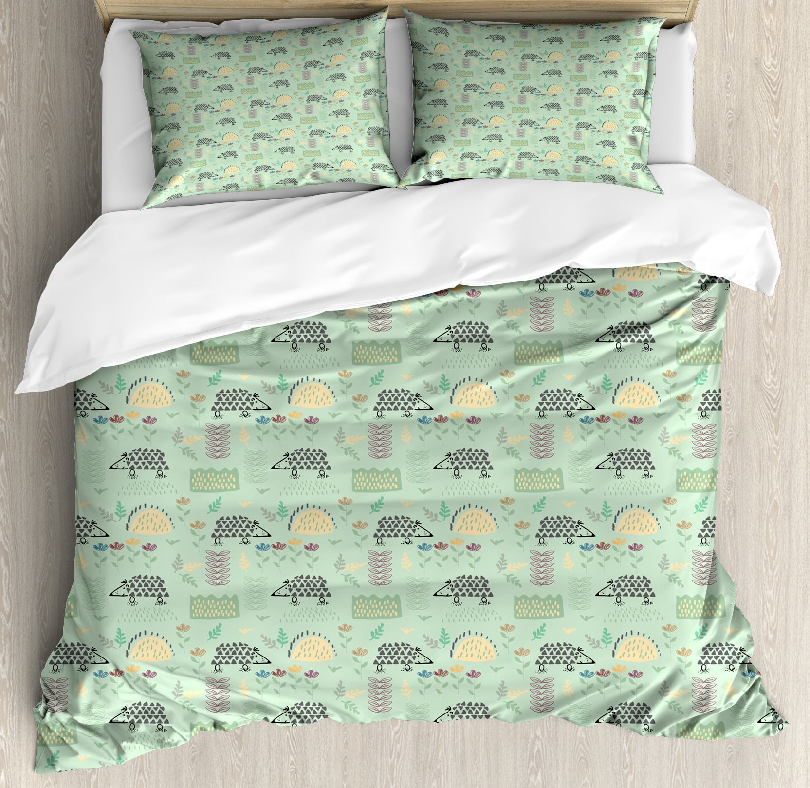 Cartoon Duvet Cover Set, Hedgehog Forest Herbs Leaves Flowers Pastel ...
