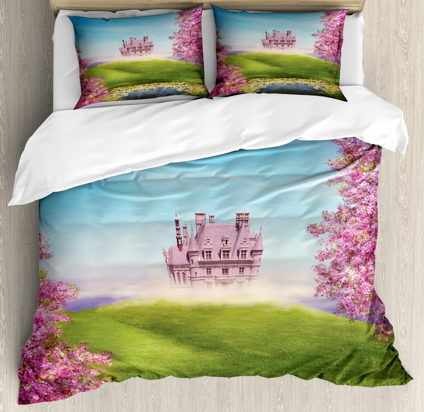Cartoon Duvet Cover Set, Imaginary Tale Landscape with Cheery Blooms ...
