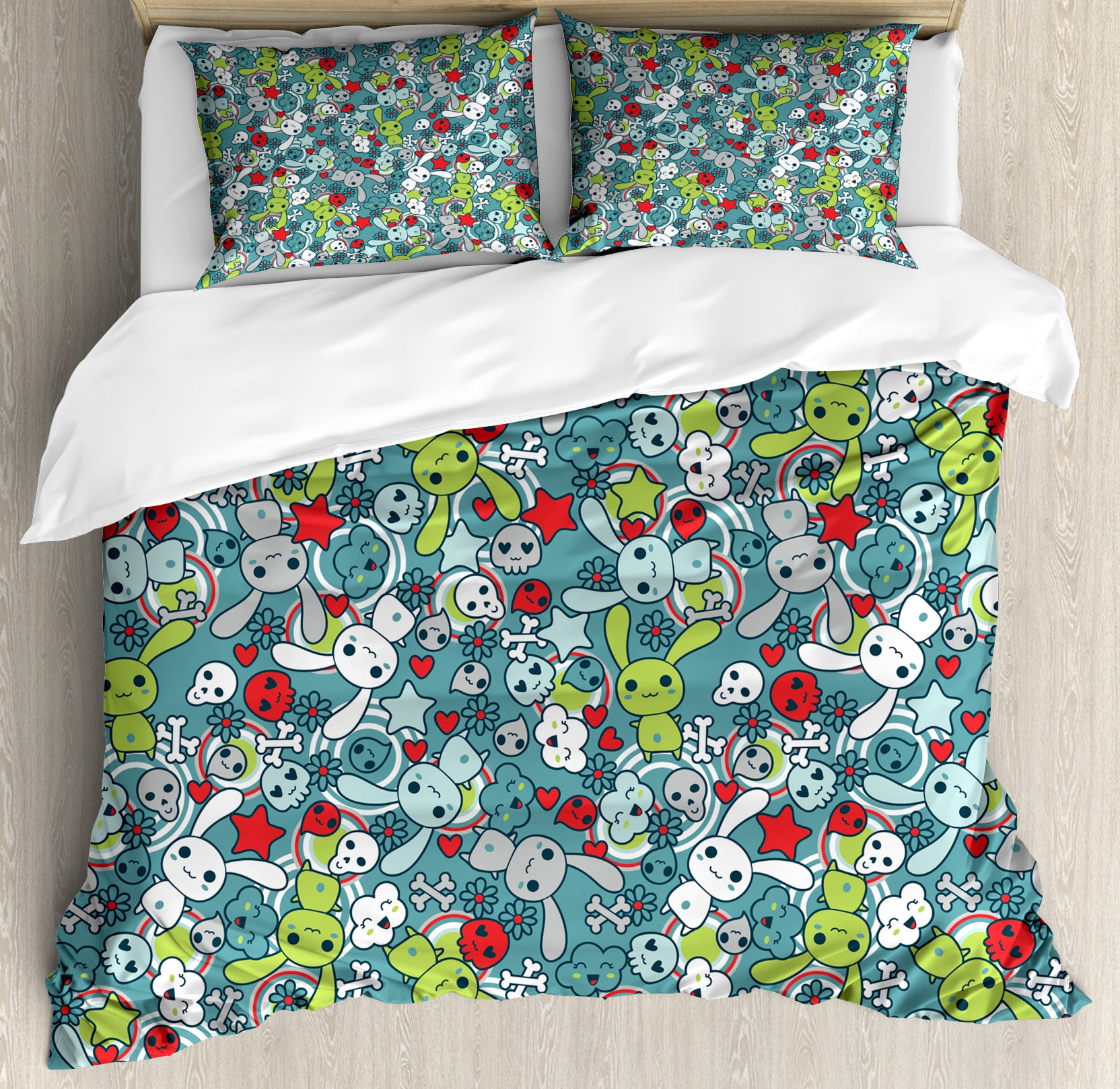 Cartoon Duvet Cover Set, Kawaii Bunnies with Happy Clouds Skulls and ...