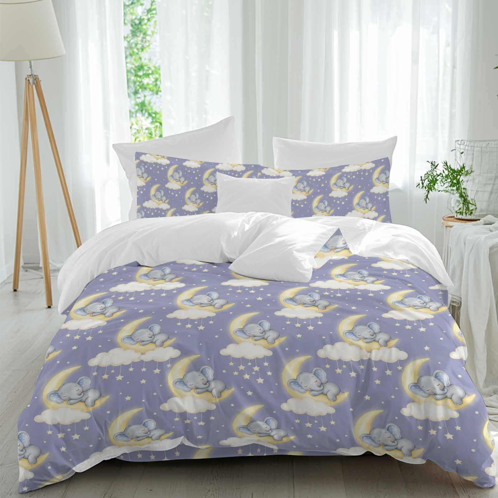 Cartoon Duvet Cover Set King Size, Dreamy Purple Cute Sleeping Elephant ...