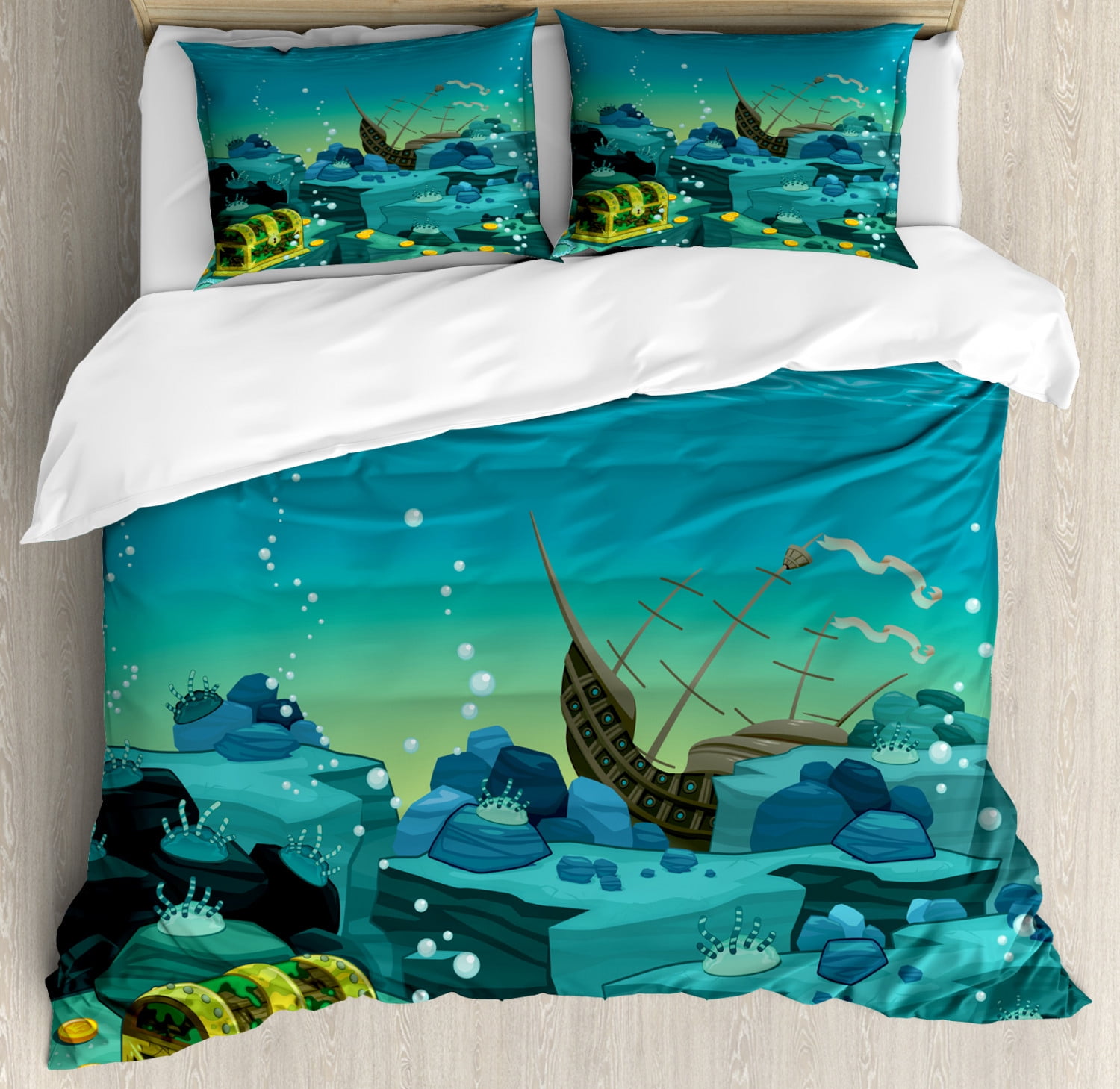 Cartoon Duvet Cover Set King Size, Seascape Underwater with Treasure ...