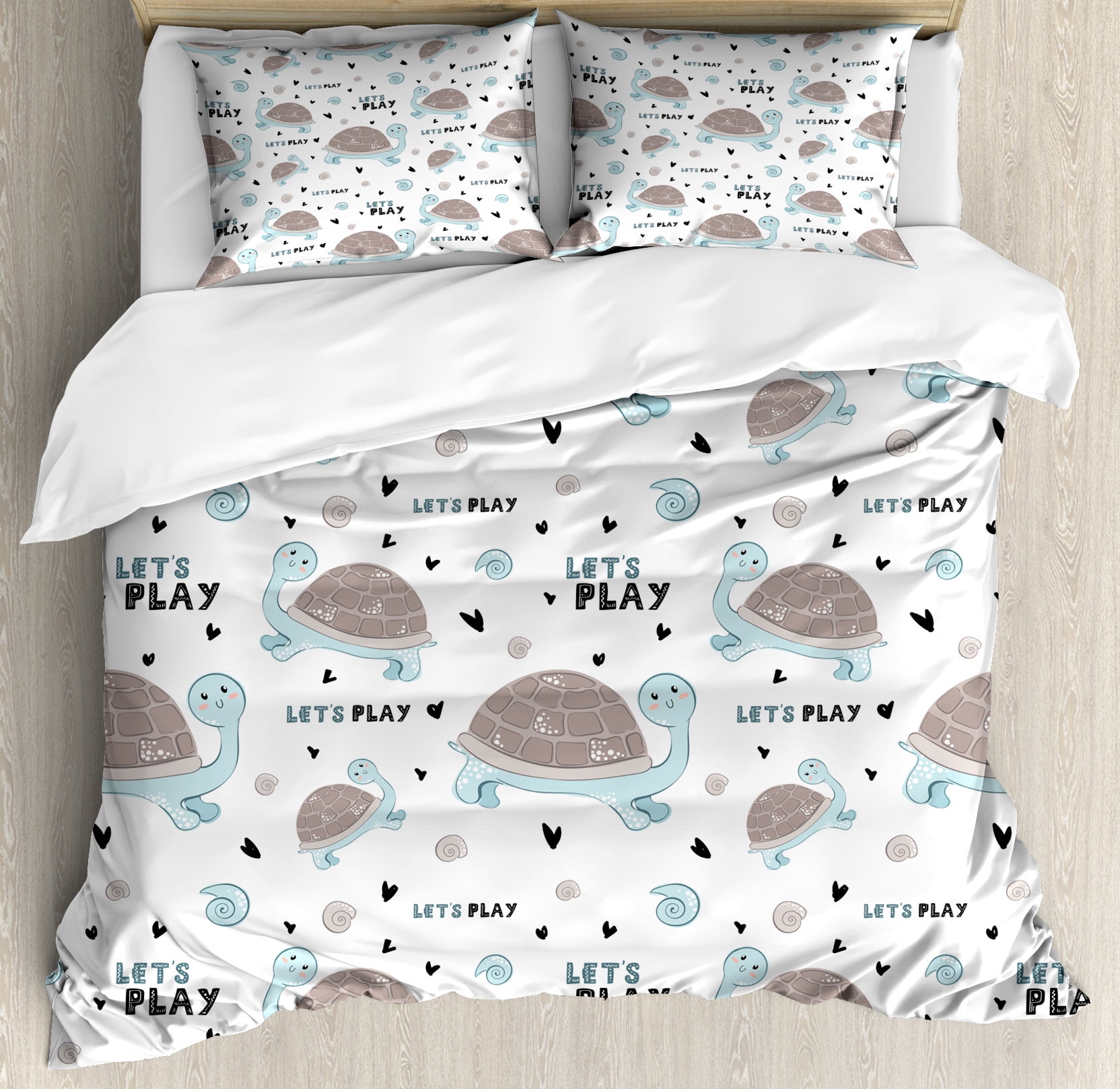 Cartoon Duvet Cover Set, Let's Play Message from Turtle and Snails ...