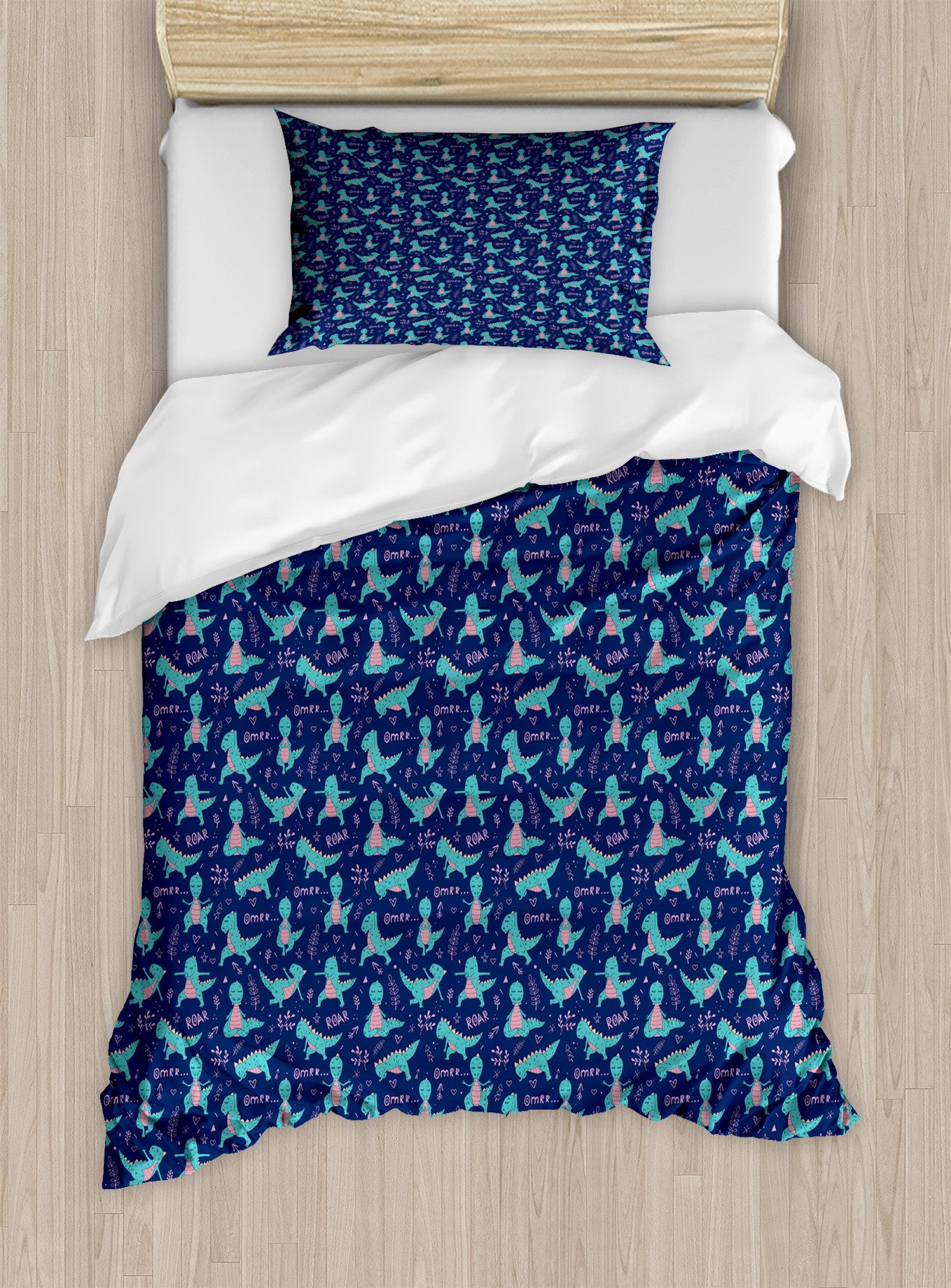 Cartoon Duvet Cover Set, Little Dinosaur Doing Yoga Poses in Repetitive ...