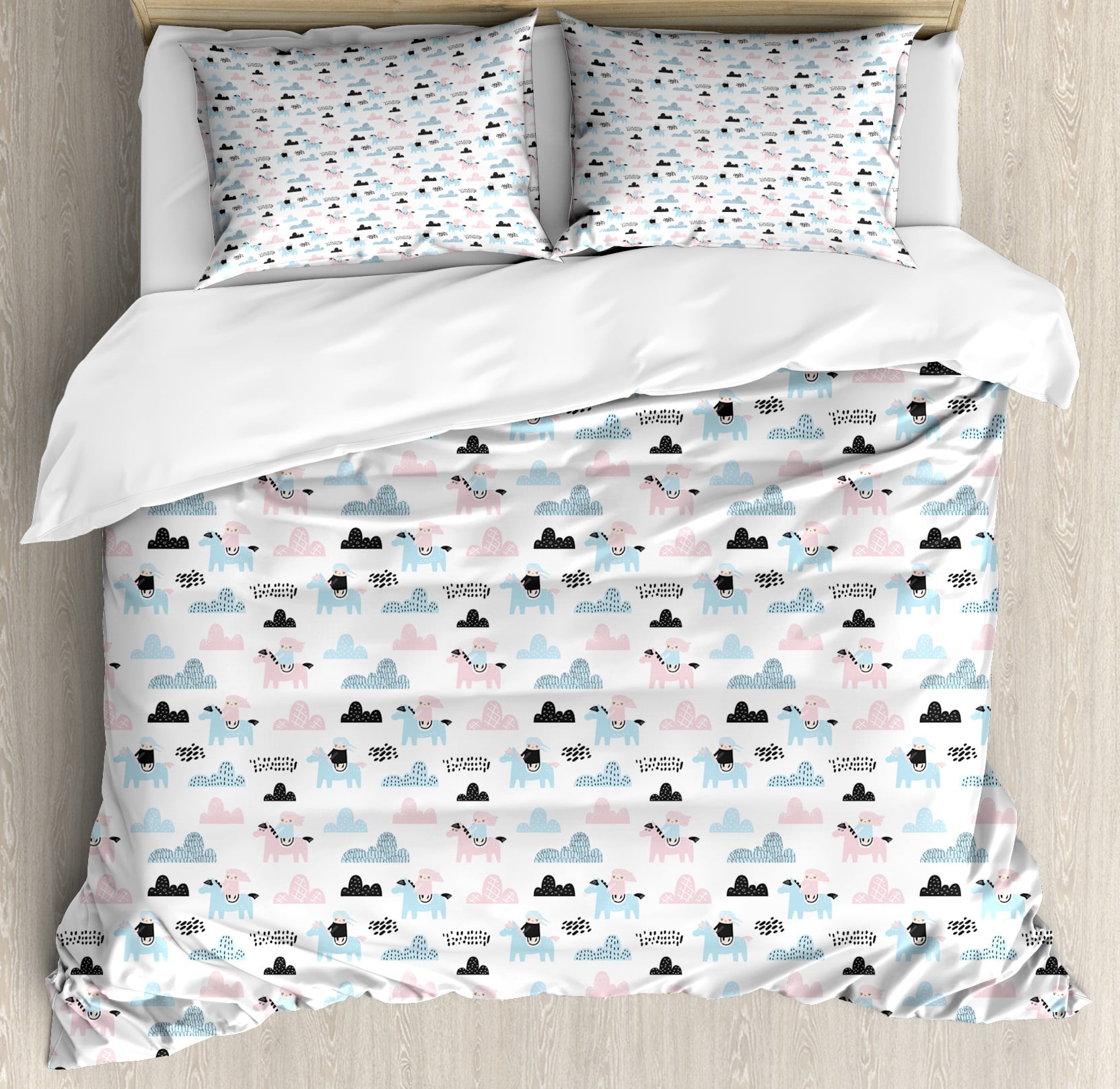 Cartoon Duvet Cover Set, Little Girl on Pony Along Clouds Mountains Sky ...
