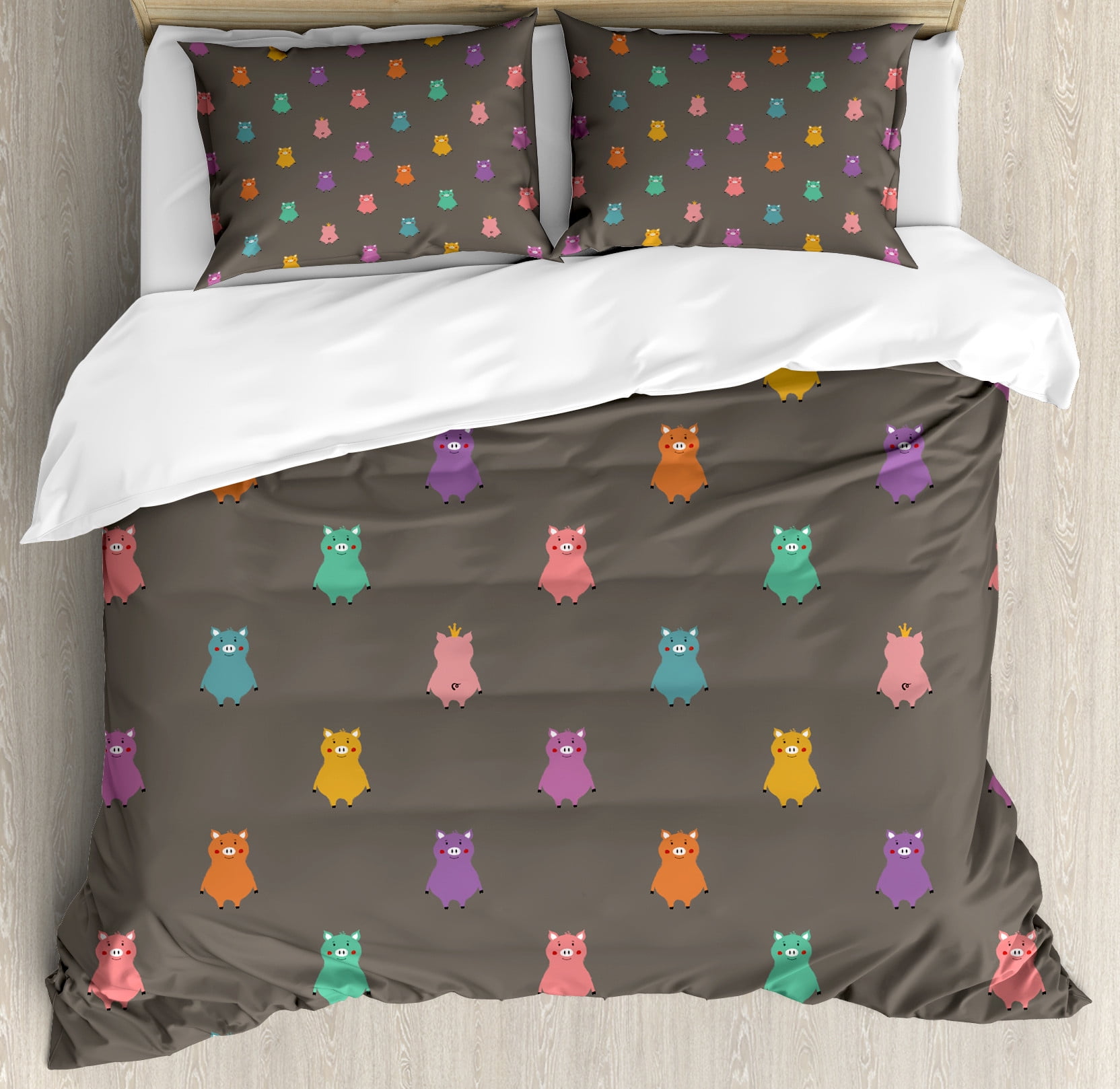 Cartoon Duvet Cover Set, Multicolored Pigs Motif Animals Simple Piglet ...
