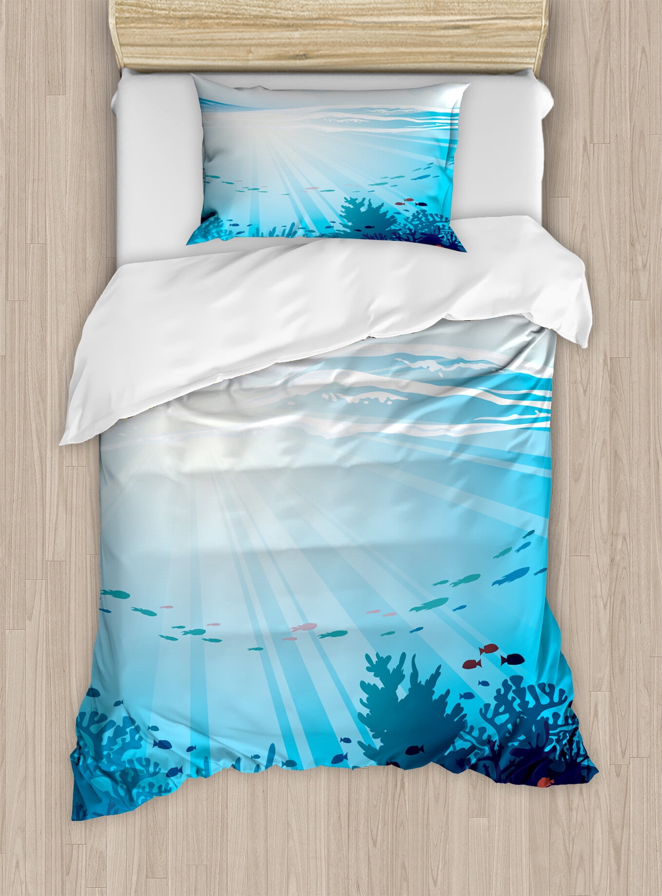 Cartoon Duvet Cover Set, Ocean Design with Fish Aquarium Image Coral ...