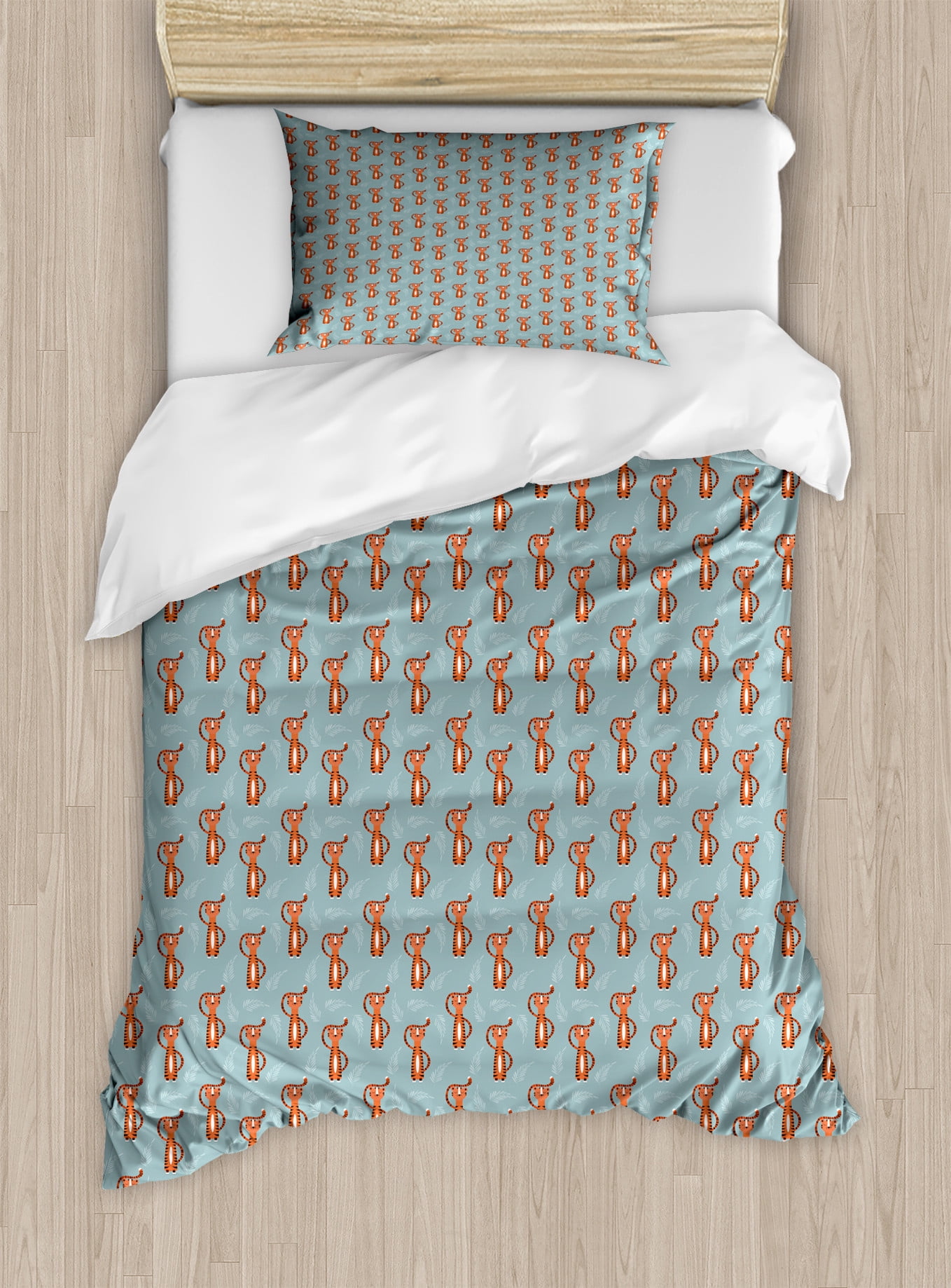 Cartoon Duvet Cover Set, Orange Tiger Animal Zoology Leaves Ornaments ...