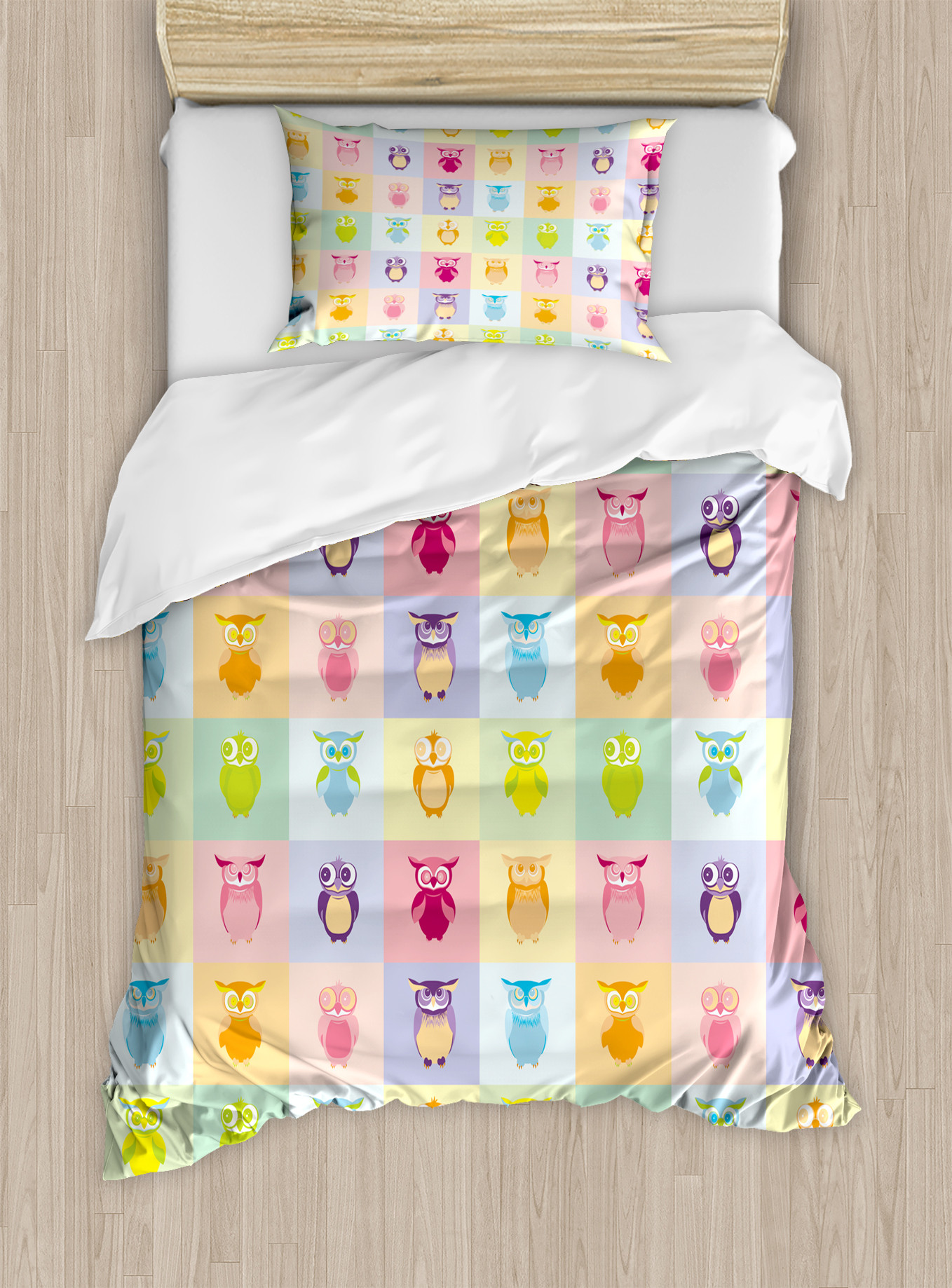 Cartoon Duvet Cover Set, Owls Multicolor Fun Animal Love Art Play Birds ...