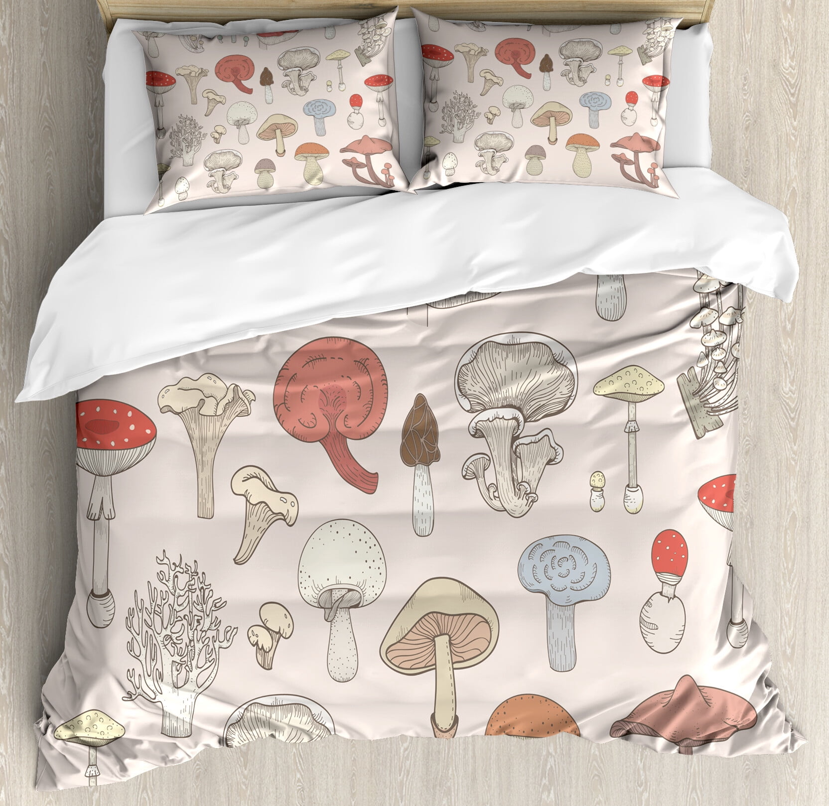 Cartoon Duvet Cover Set, Pastel Graphic with Various Mushrooms Natural ...