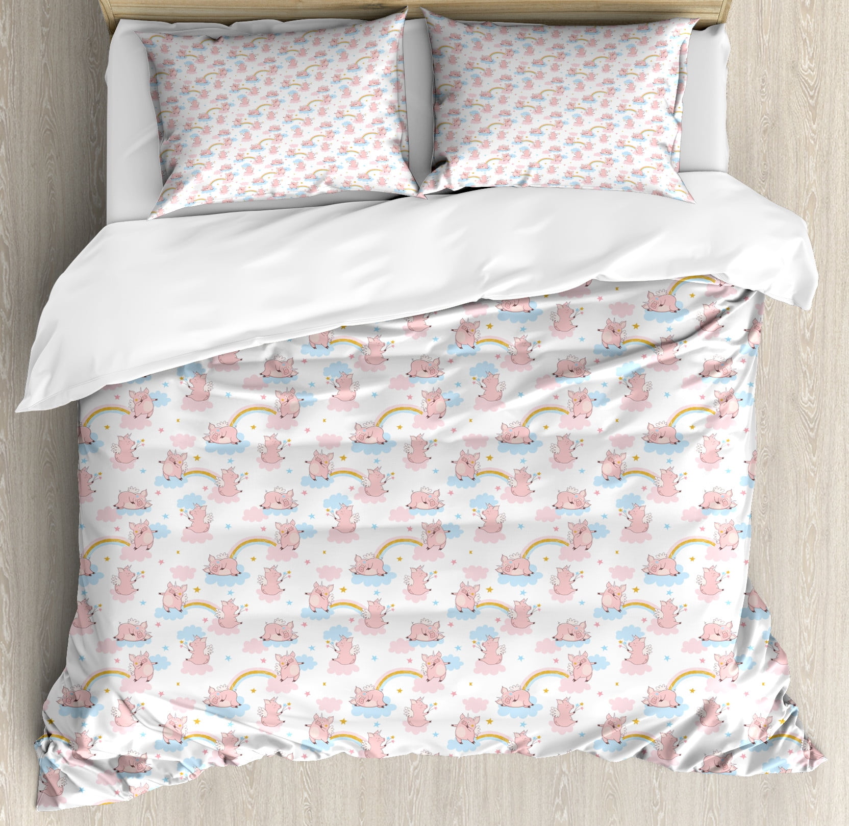 Cartoon Duvet Cover Set, Pig Unicorns Horn and Wings on Rainbow Clouds Fun Sleeping Angel Theme ...