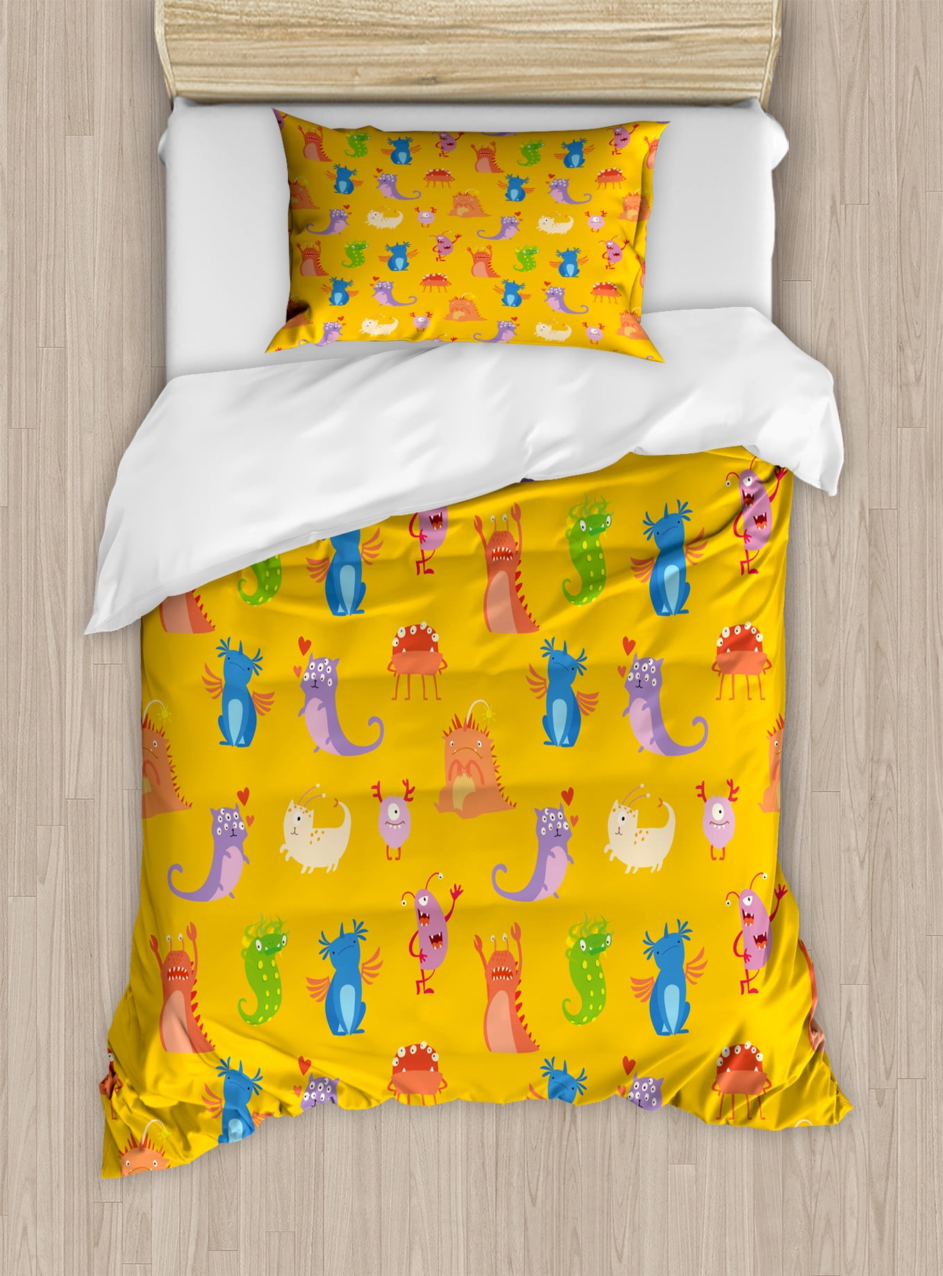 Cartoon Duvet Cover Set, Repetitive Funny Monsters Fantasy Creatures ...