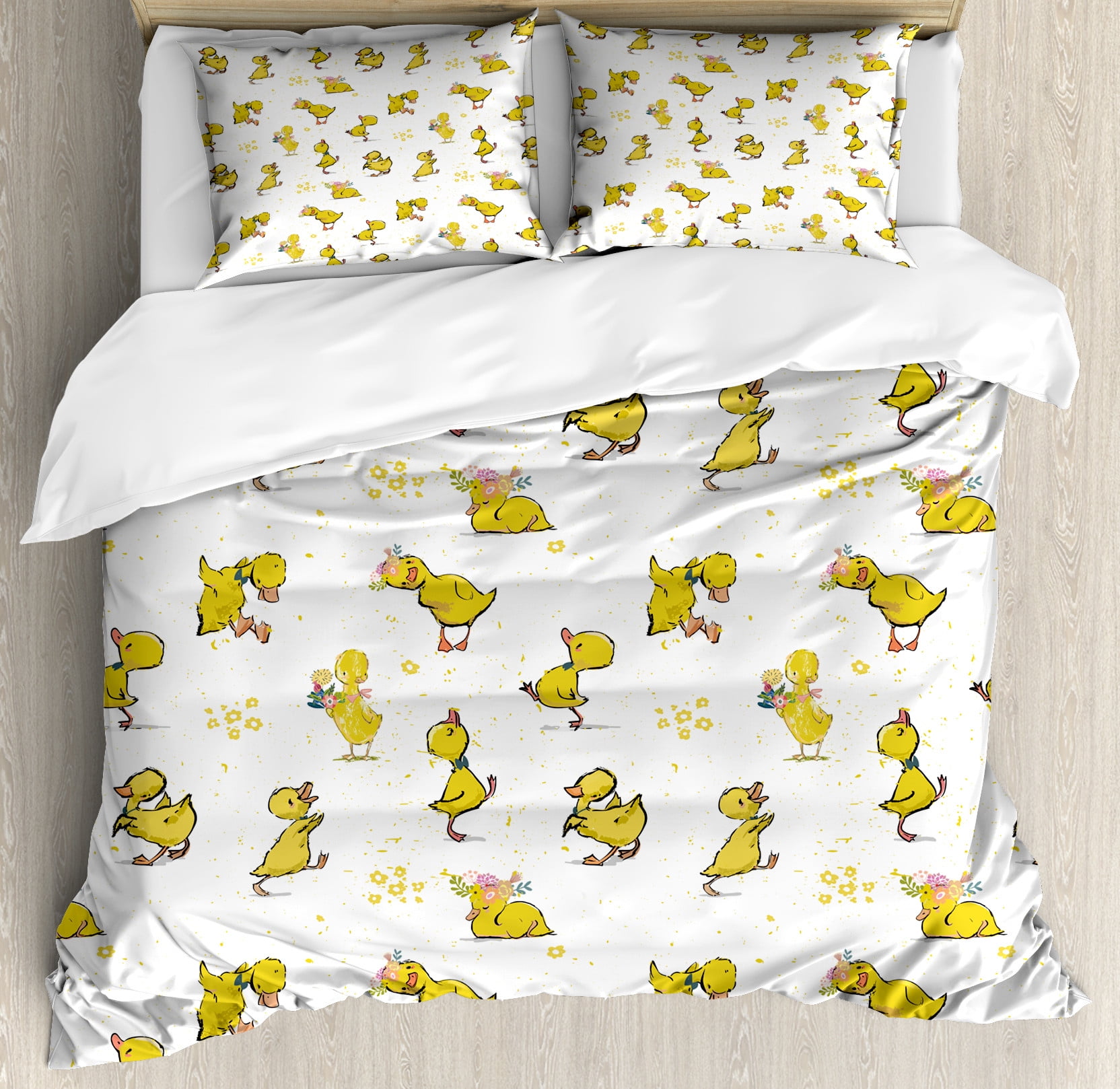 Cartoon Duvet Cover Set, Repetitive Pattern of Little Ducklings Walking ...