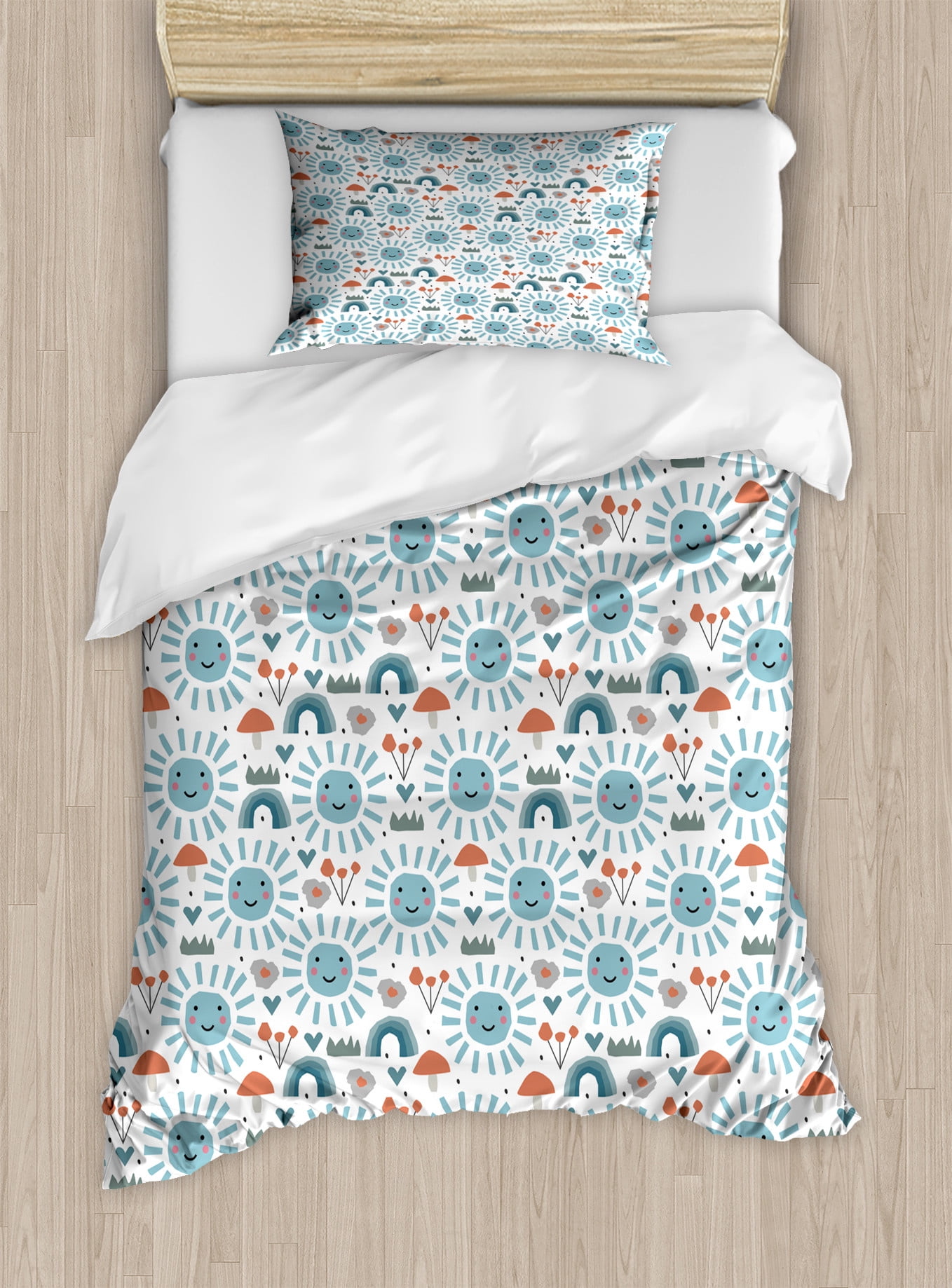 Cartoon Duvet Cover Set, Smiling Sun Mushrooms Hearts Flowers Shower ...