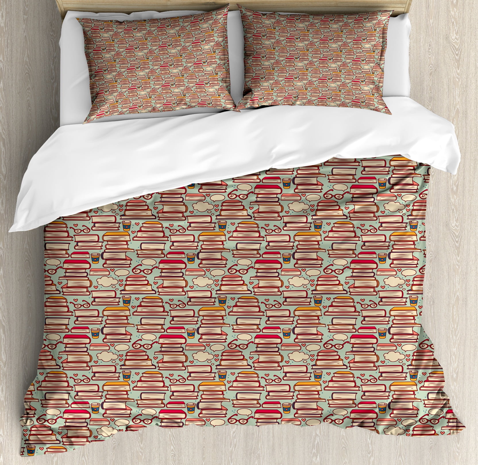 Cartoon Duvet Cover Set, Stack of Books with Coffee Cups and Eyeglasses ...